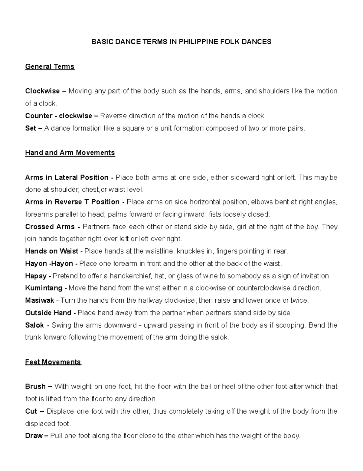 Basic Dance Terms in Philippine Folk Dances: A Comprehensive Guide - Studocu
