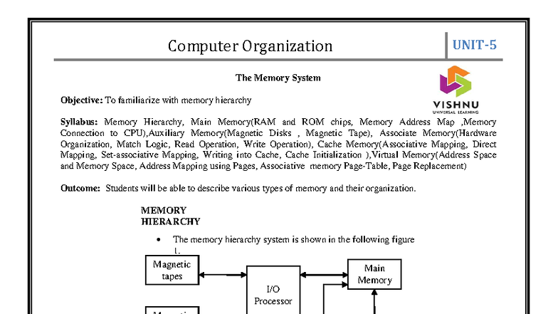 Computer Organization: Memory System Overview (CS101) - Studocu