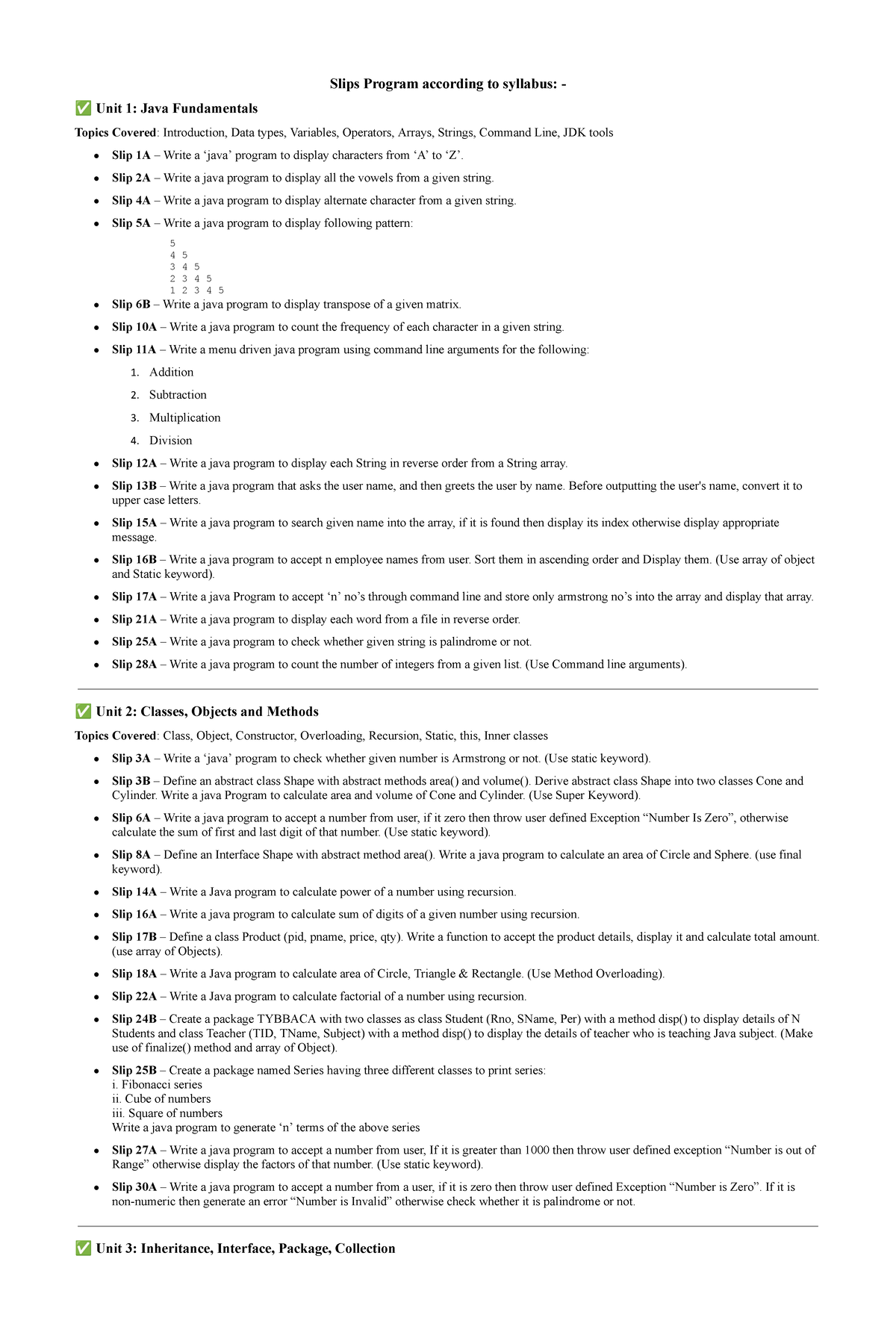 Unit 1-5: Java Programming Slips & Exercises as per Syllabus - Studocu