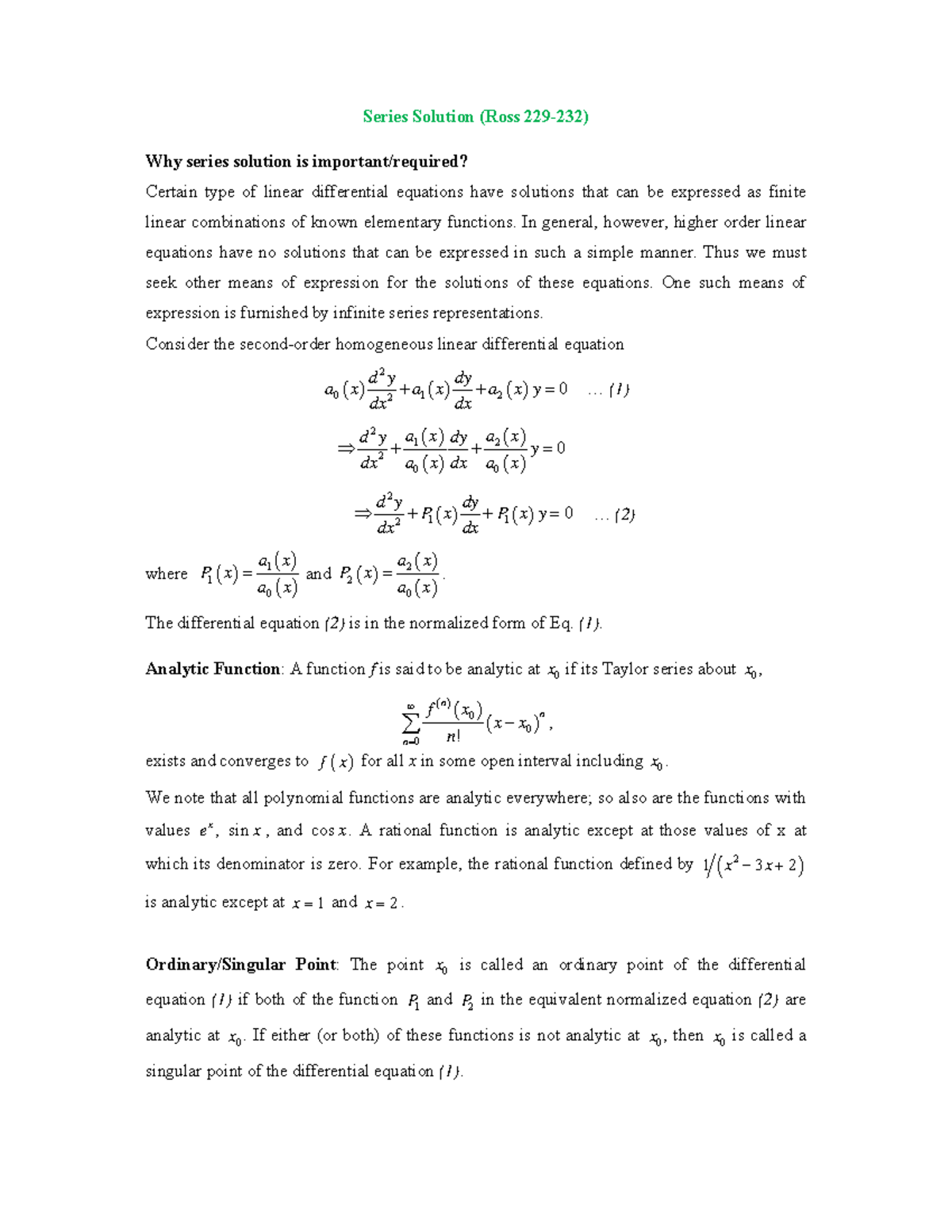 Series Solutions of Linear Differential Equations (MATH 301) - Studocu
