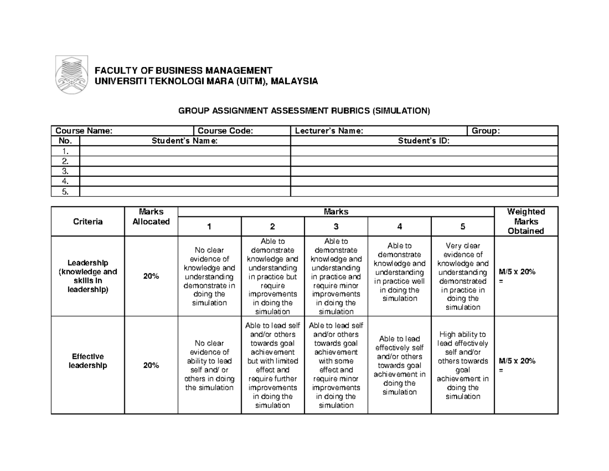 Group Assignment Rubrics FIN368 - FACULTY OF BUSINESS MANAGEMENT ...