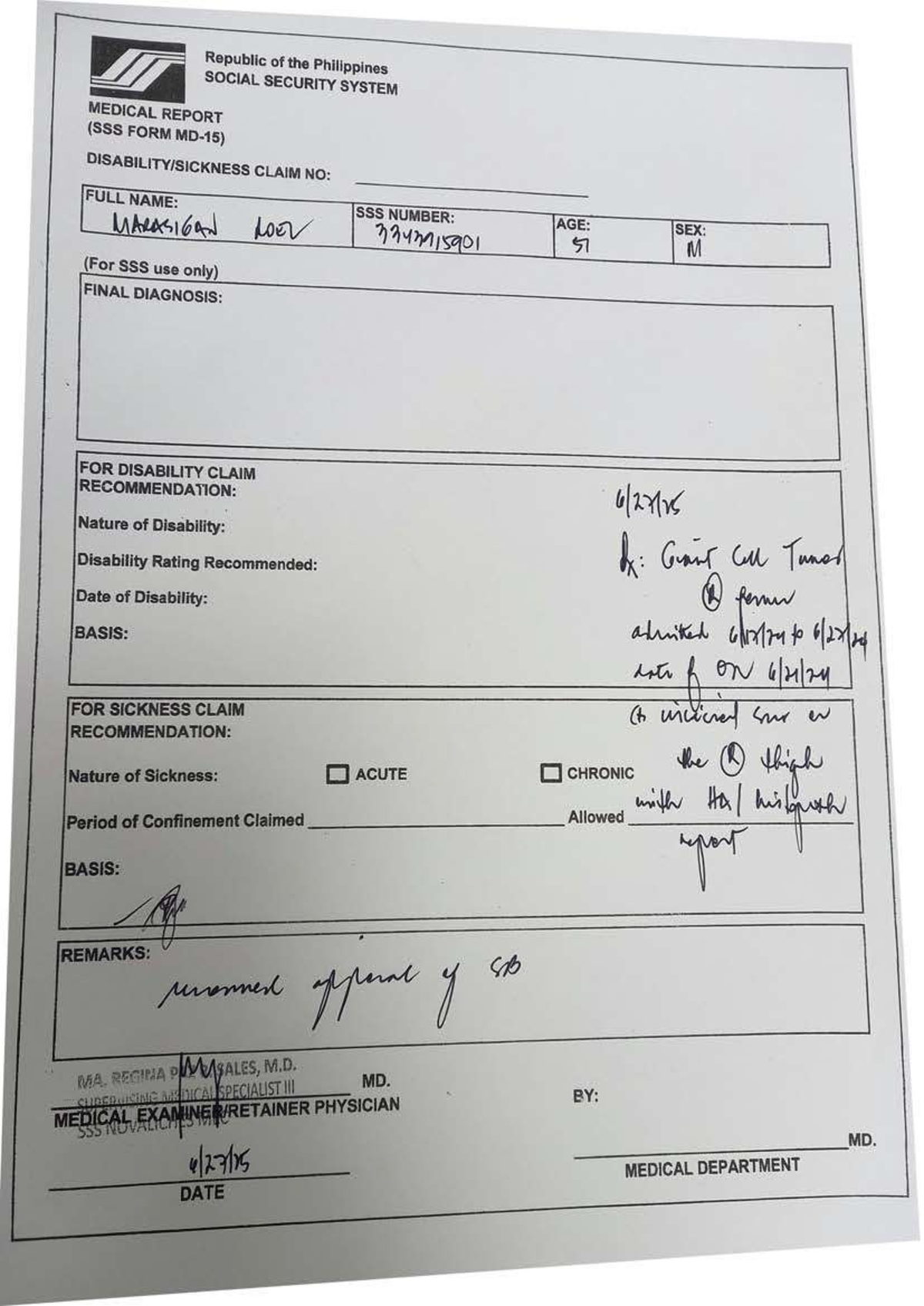 SSS Medical Certificate for Roel Pasco Marasigan - Disability Claim ...