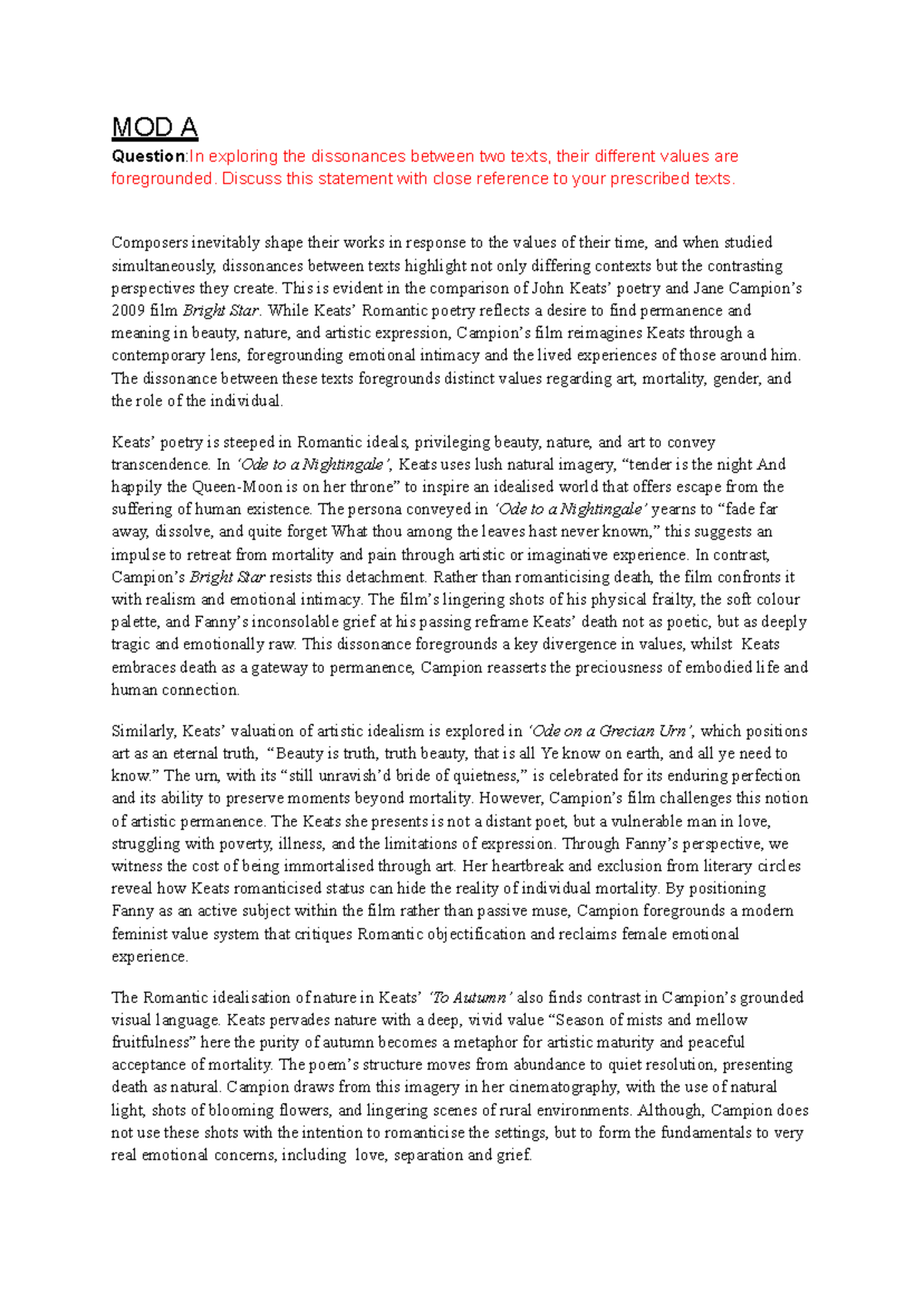 MOD A Essay Notes: Dissonances in Romantic Poetry vs. Bright Star - Studocu