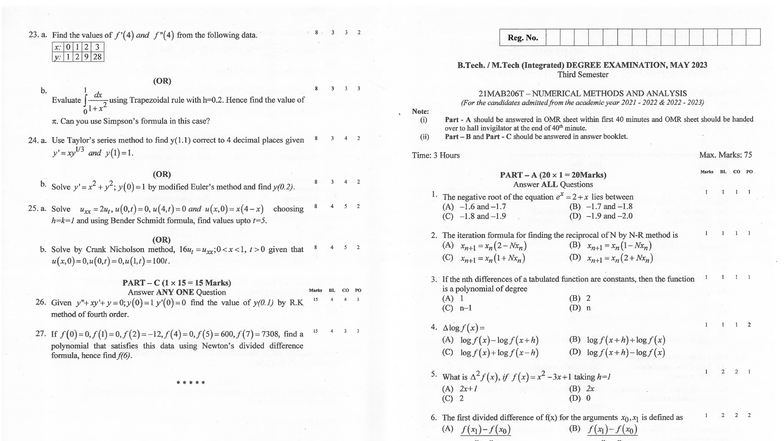 23. B.Tech M.Tech 21MAB206T Numerical Methods & Analysis Exam May 2023 - Studocu