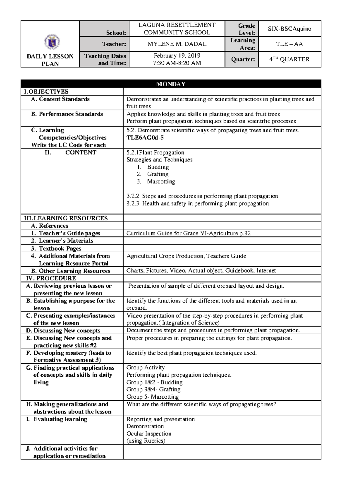 DAILY LESSON PLAN: TLE AA 4TH QUARTER - PLANT PROPAGATION - Studocu