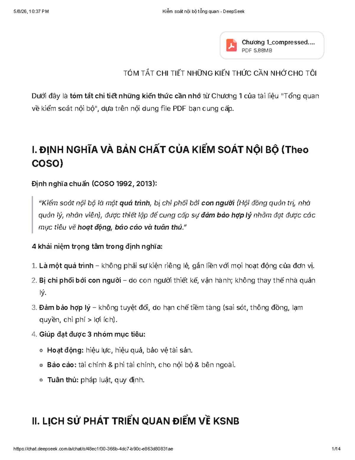 Kiểm soát Nội Bộ Tổng Quan - Chương 1 Tóm Tắt Chi Tiết (COSO) - Studocu