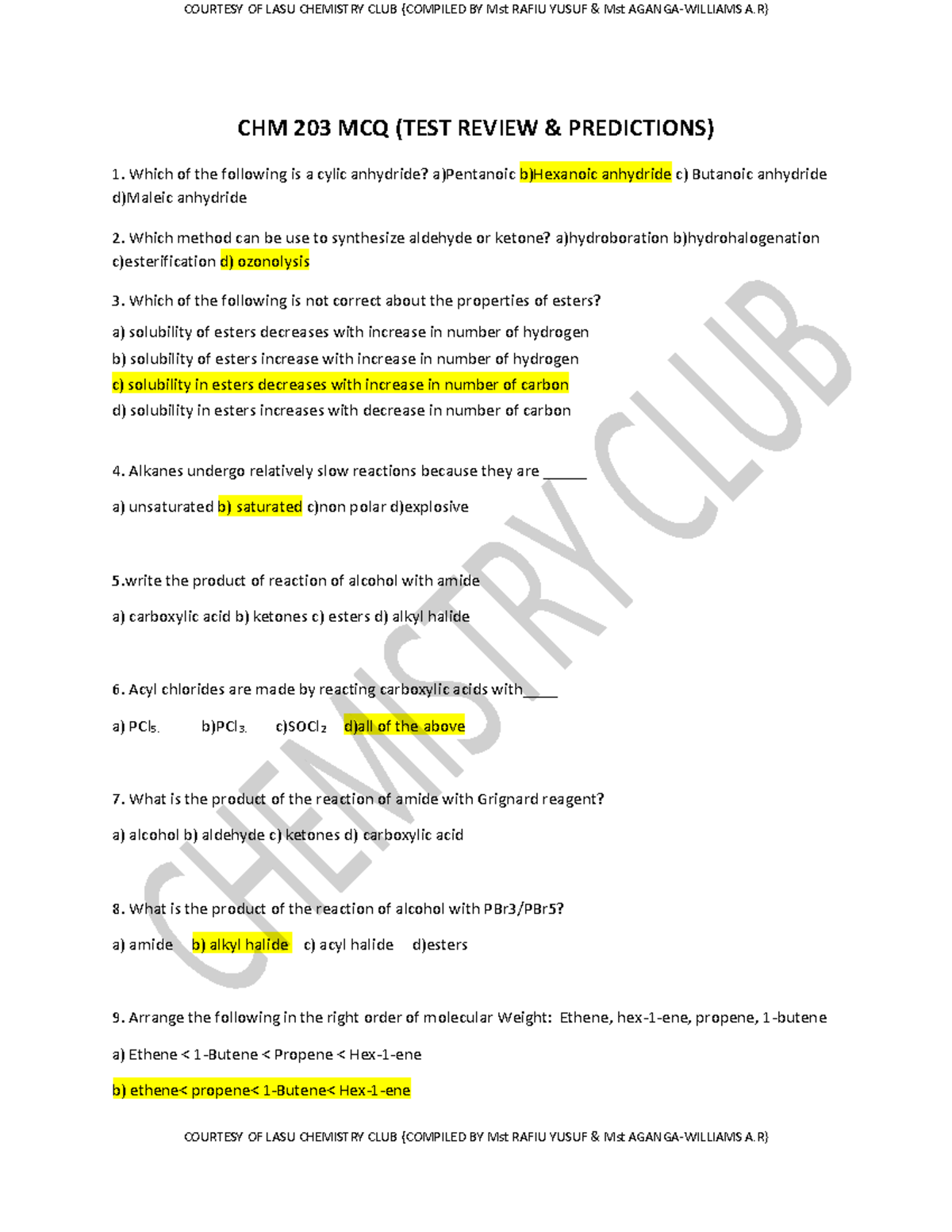 CHM 203 MCQ Test Review: Exam Practice Questions - Studocu