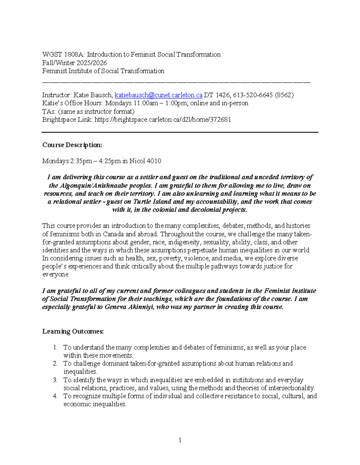 WGST 1808A: Course Outline for Introduction to Feminist Social ...
