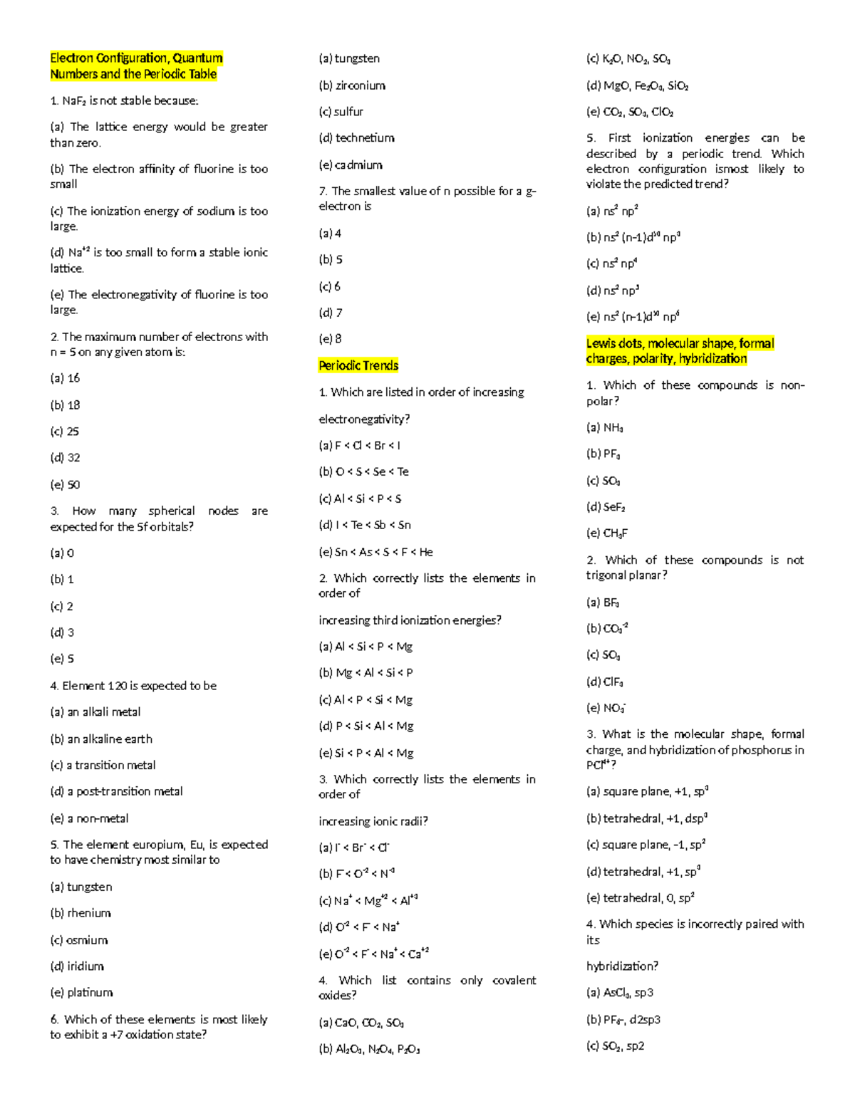 Practice Problems - Electron Configuration, Quantum Numbers and the ...