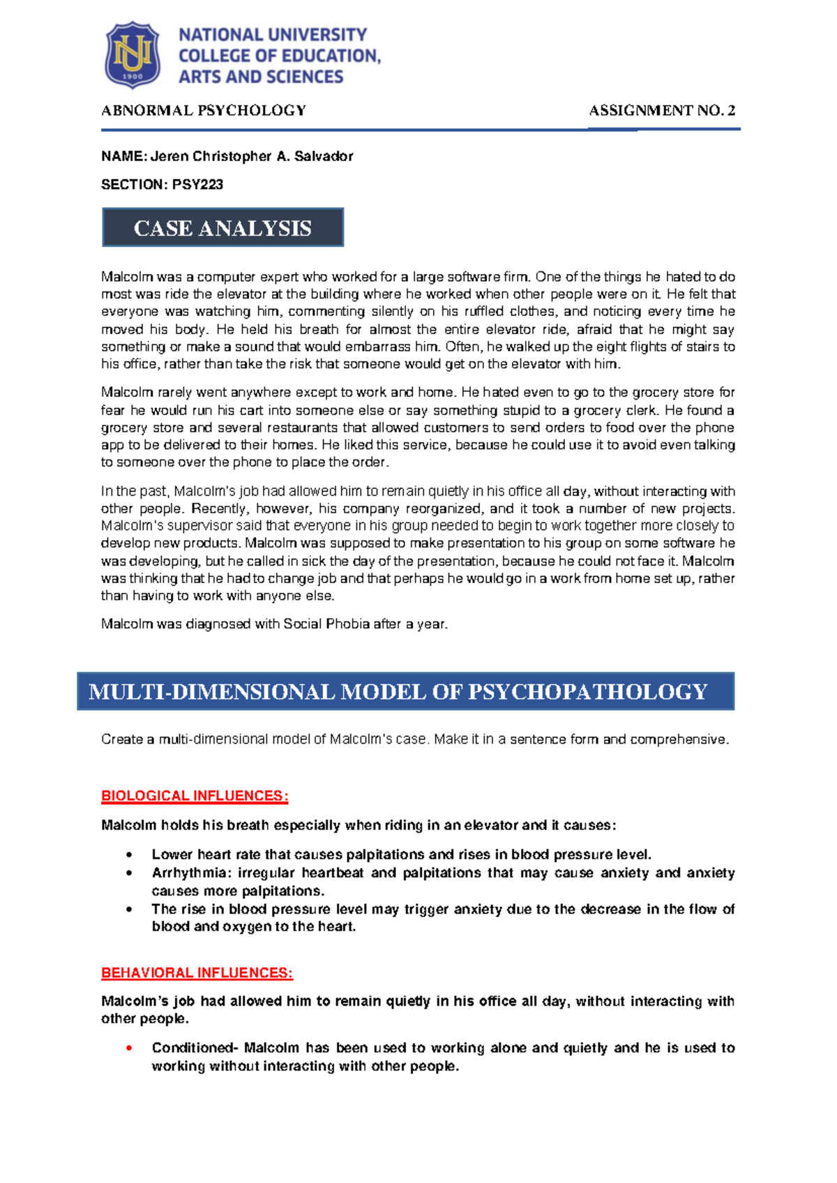 PSY 2- Abnormal Psychology Case Analysis: Malcolm's Social Phobia - Studocu