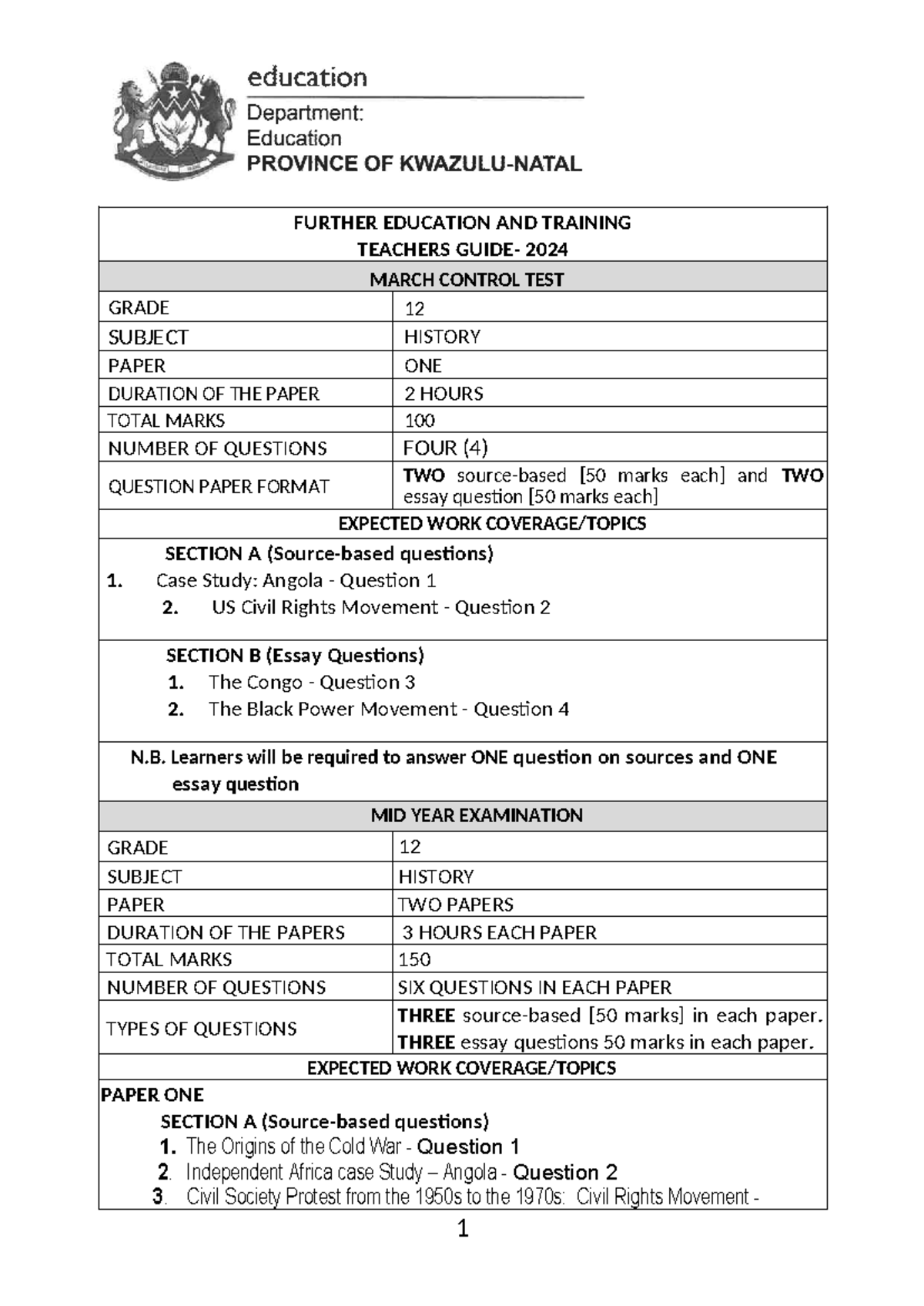 Grade 12 History Exam Preparation: Control Test & Mid-Year Overview ...
