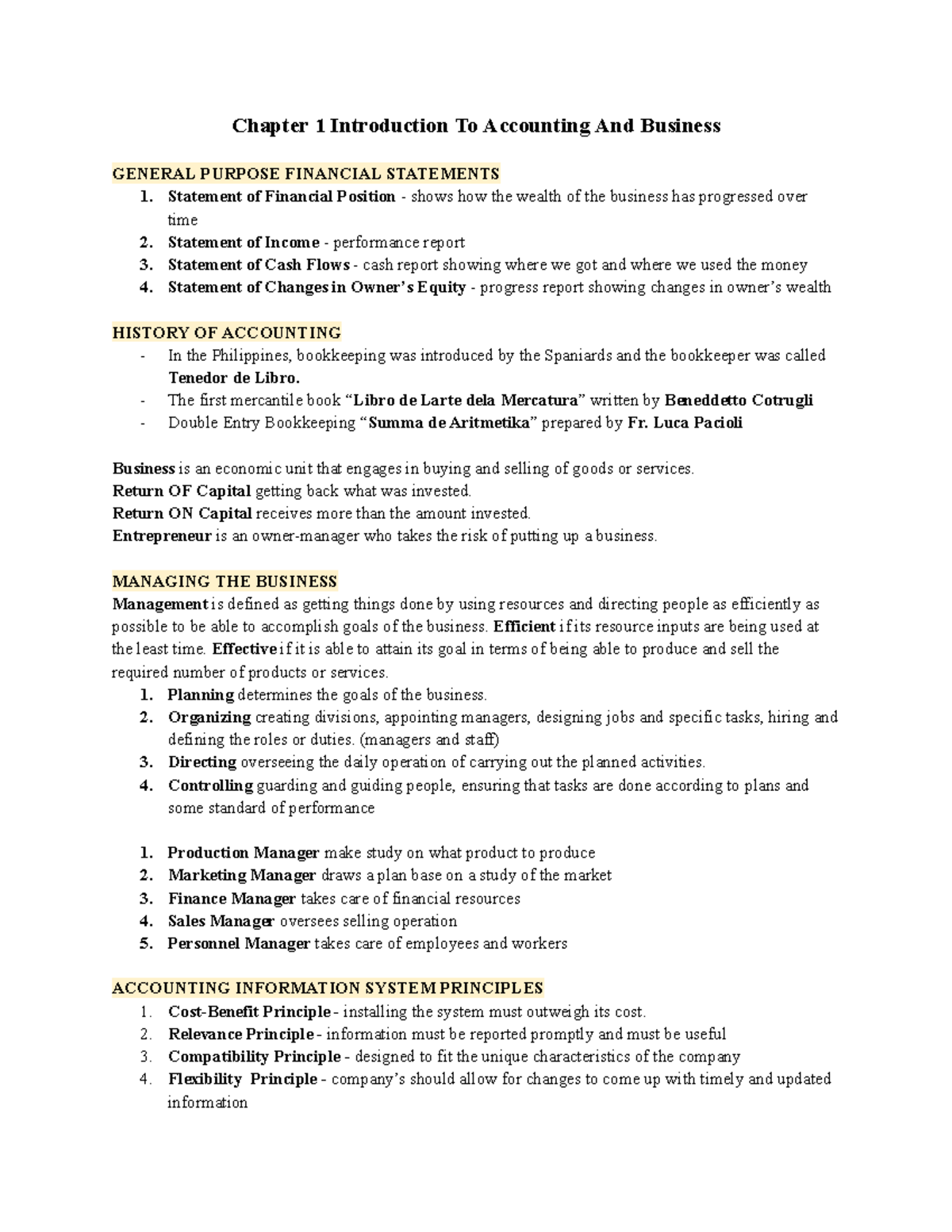 Chapter 1 & 2: Intro to Accounting & Business (BSA) - Key Concepts ...