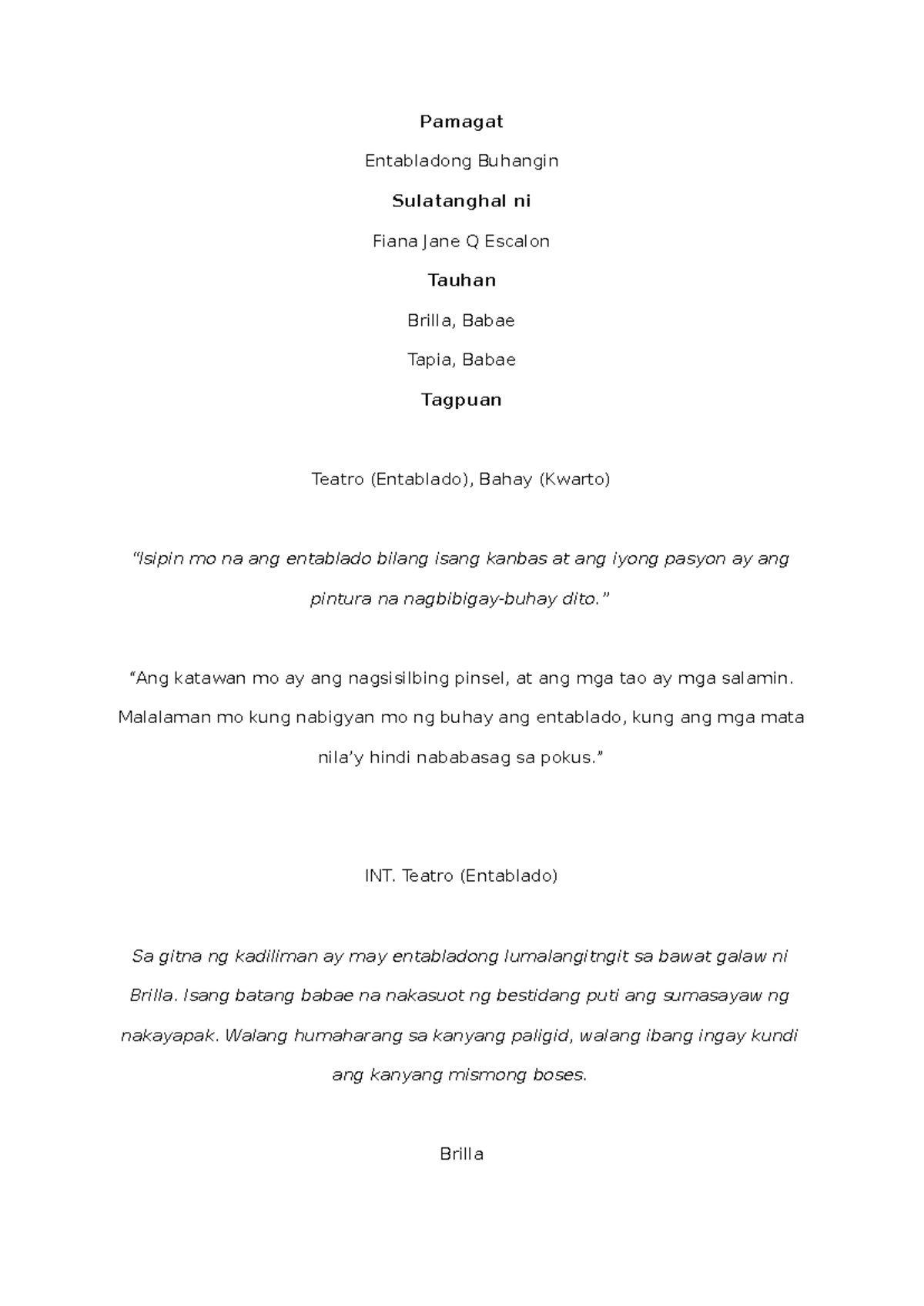 Sulatanghal Script 4: "Buhangin ng mga Pangarap" - Fiana Jane Q ...