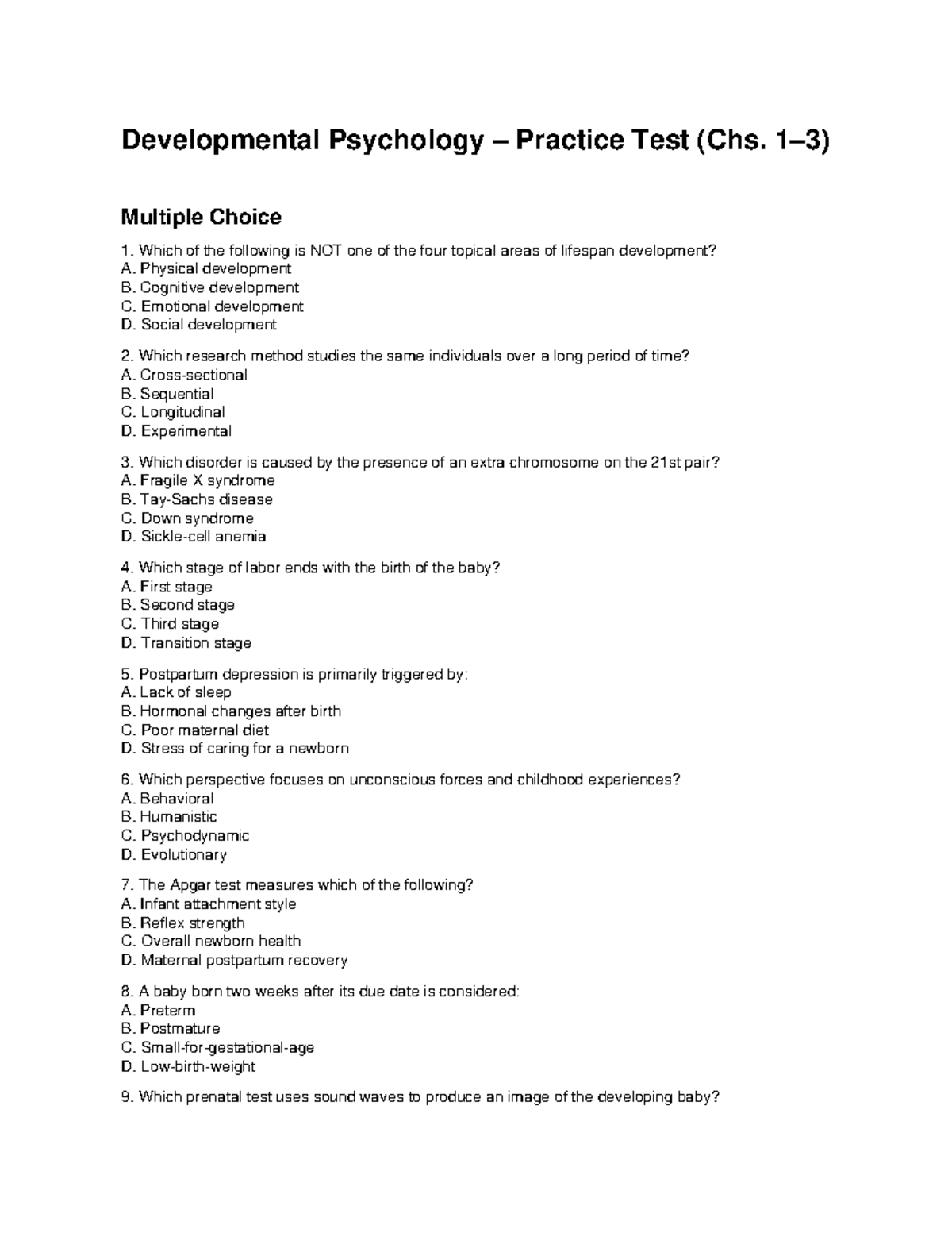 Developmental Psychology Practice Test MC10 Answer Key - Studocu