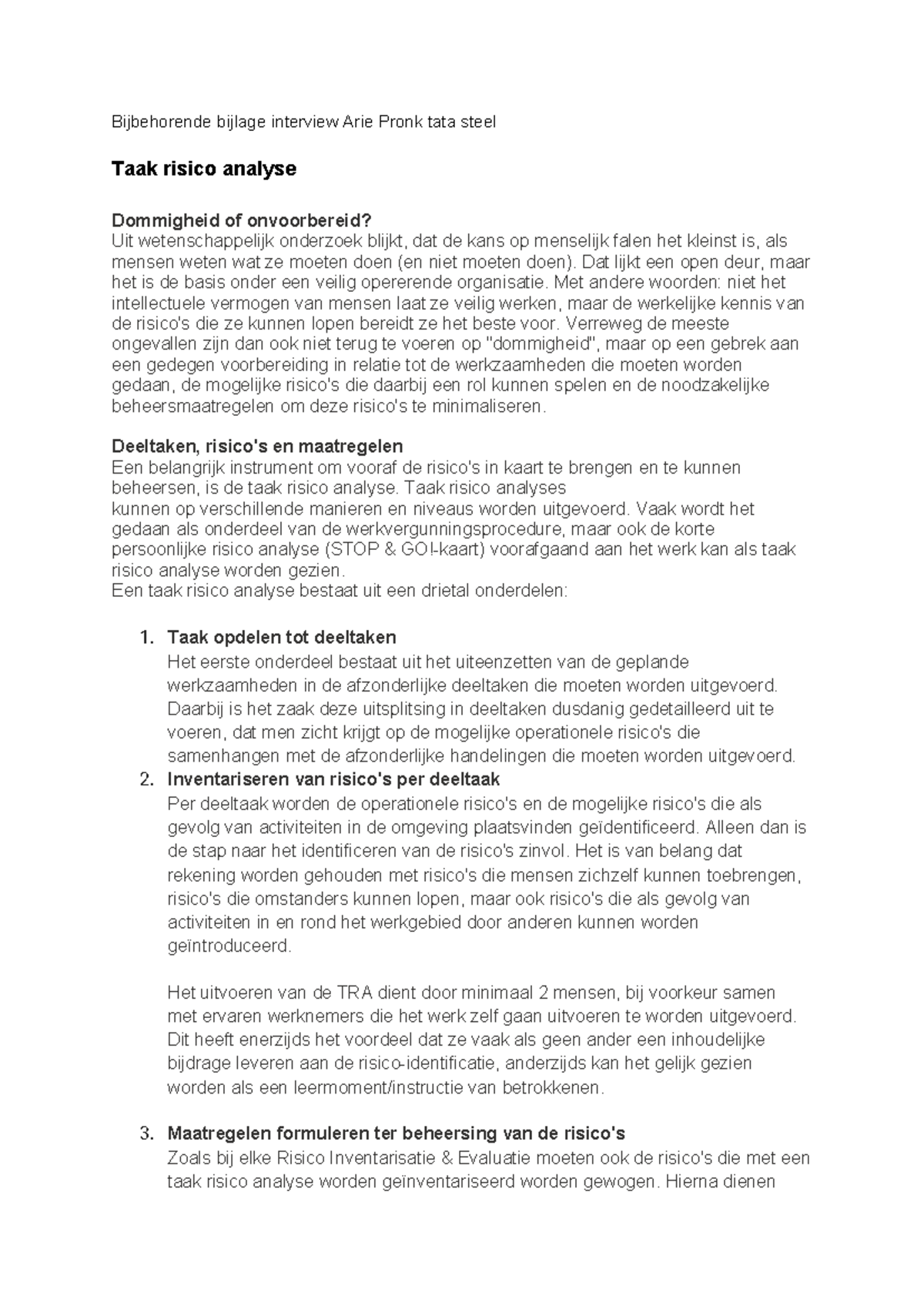 interview uitwerking - Bijbehorende bijlage interview Arie Pronk tata ...