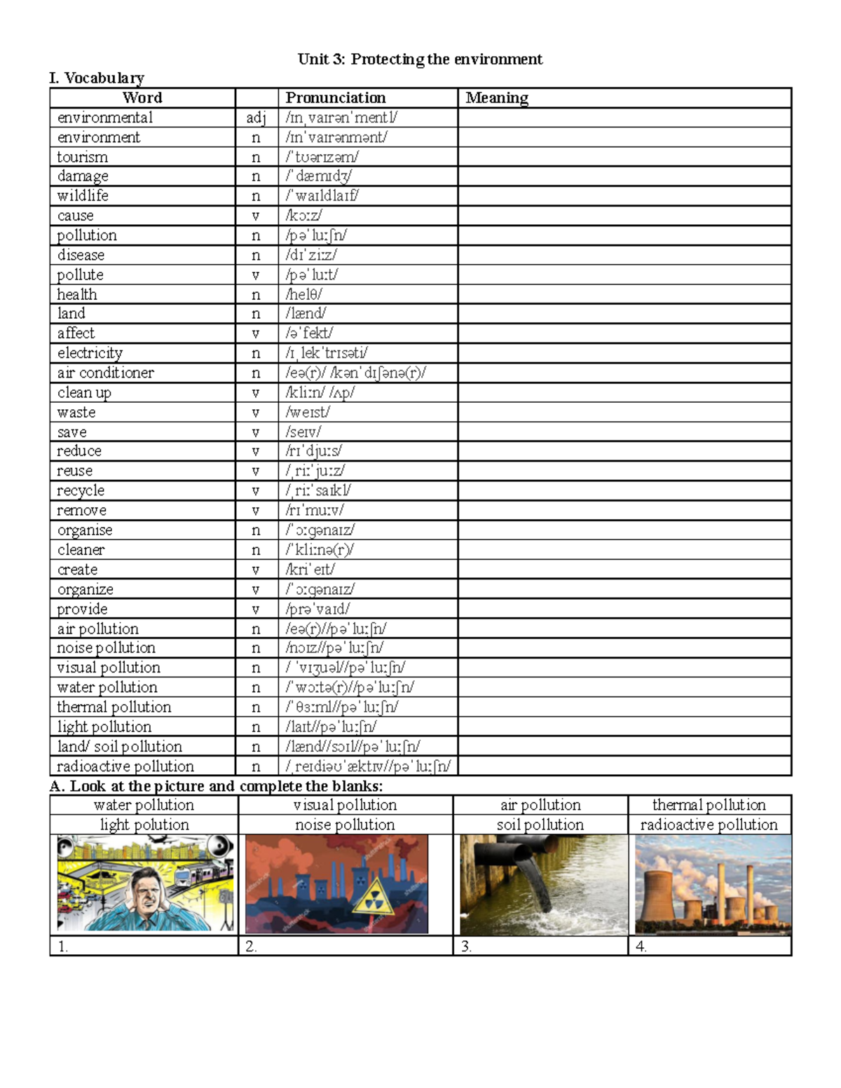 Unit 3 - fsda - Unit 3: Protecting the environment I. Vocabulary Word ...