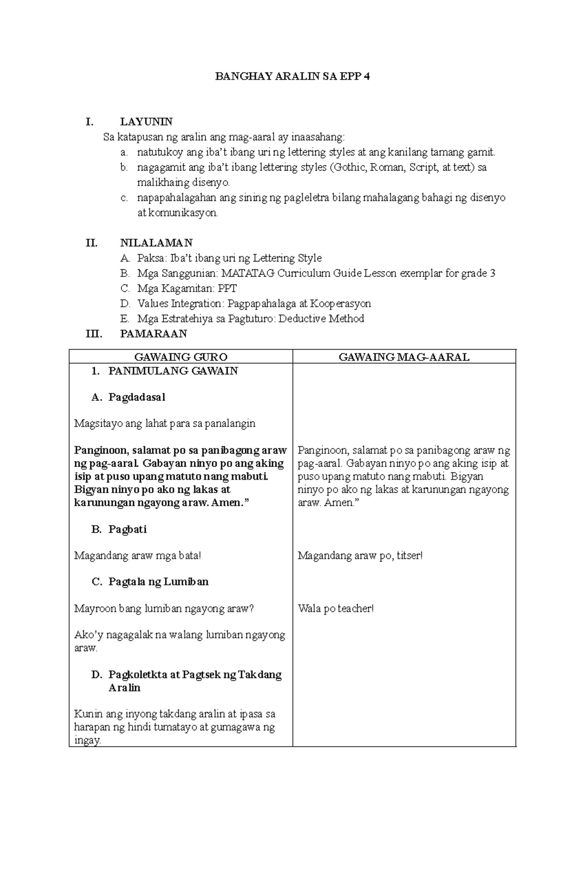 DLP EPP 4: Lesson Plan on Lettering Styles and Their Uses - Studocu