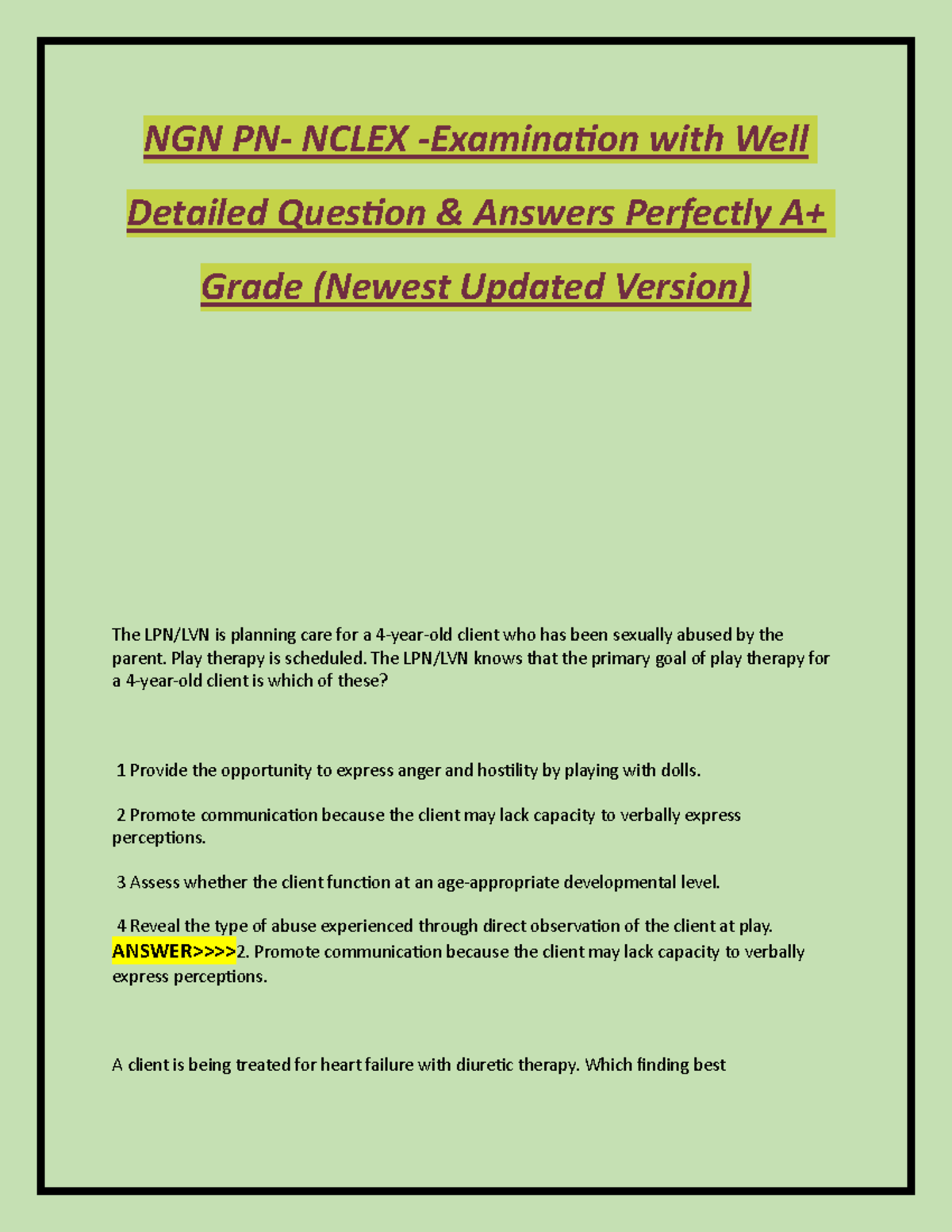 NGN PN - NCLEX Exam: Detailed Q&A for A+ Success (Updated) - Studocu