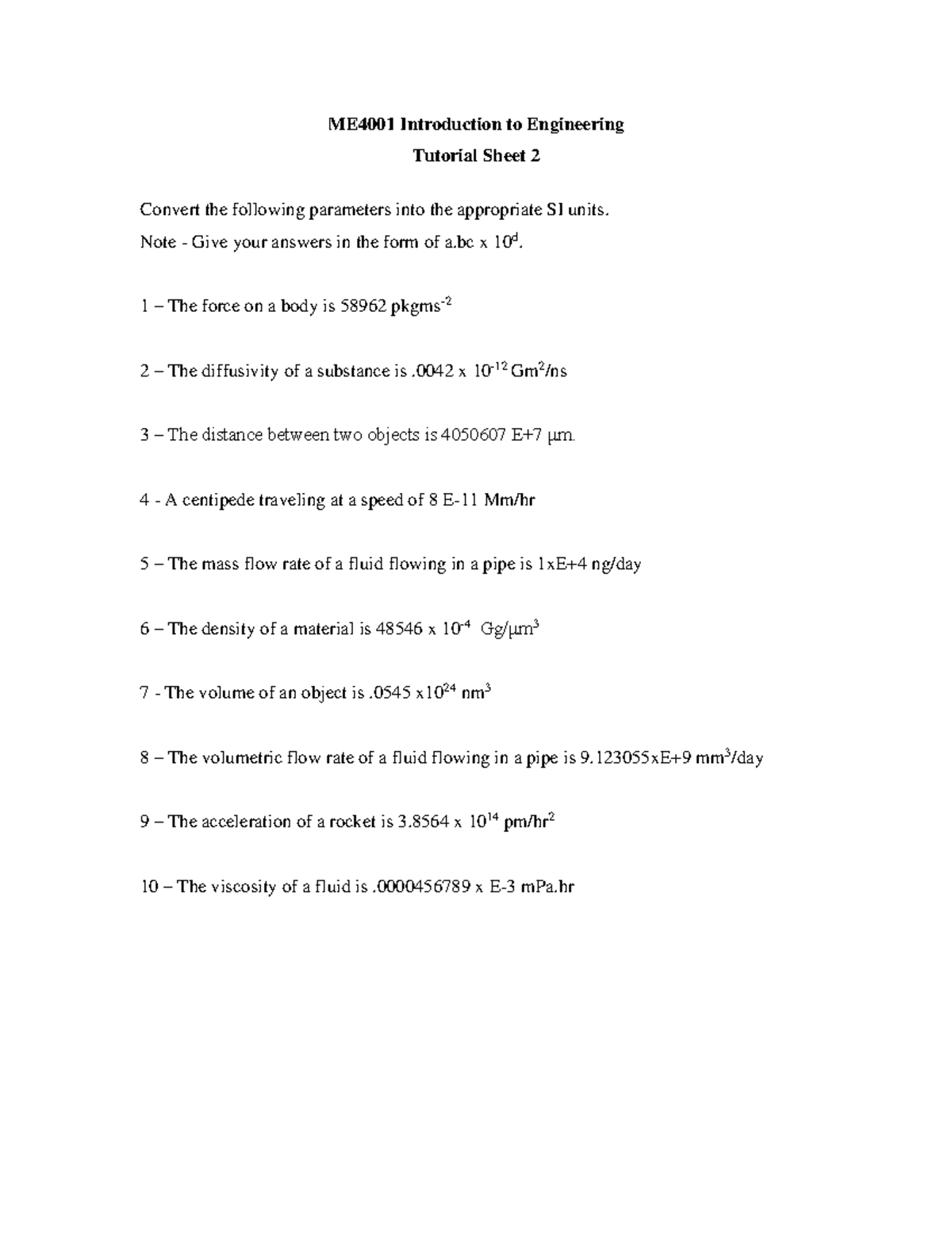 ME4001 Engineering Tutorial Sheet 2: SI Unit Conversions - Studocu