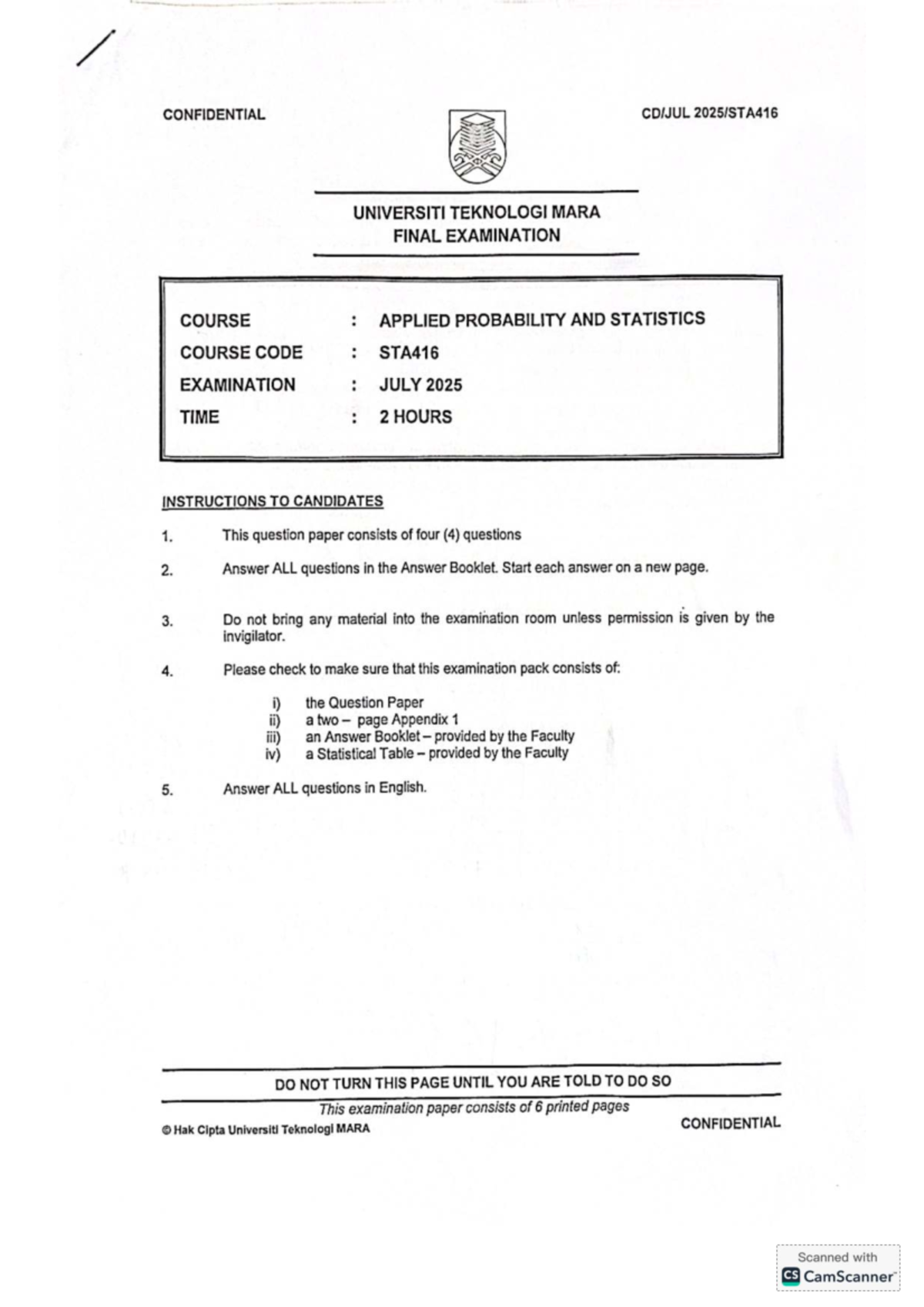 STA416 FINAL EXAMINATION JULY 2025 - APPLIED PROBABILITY & STATISTICS ...