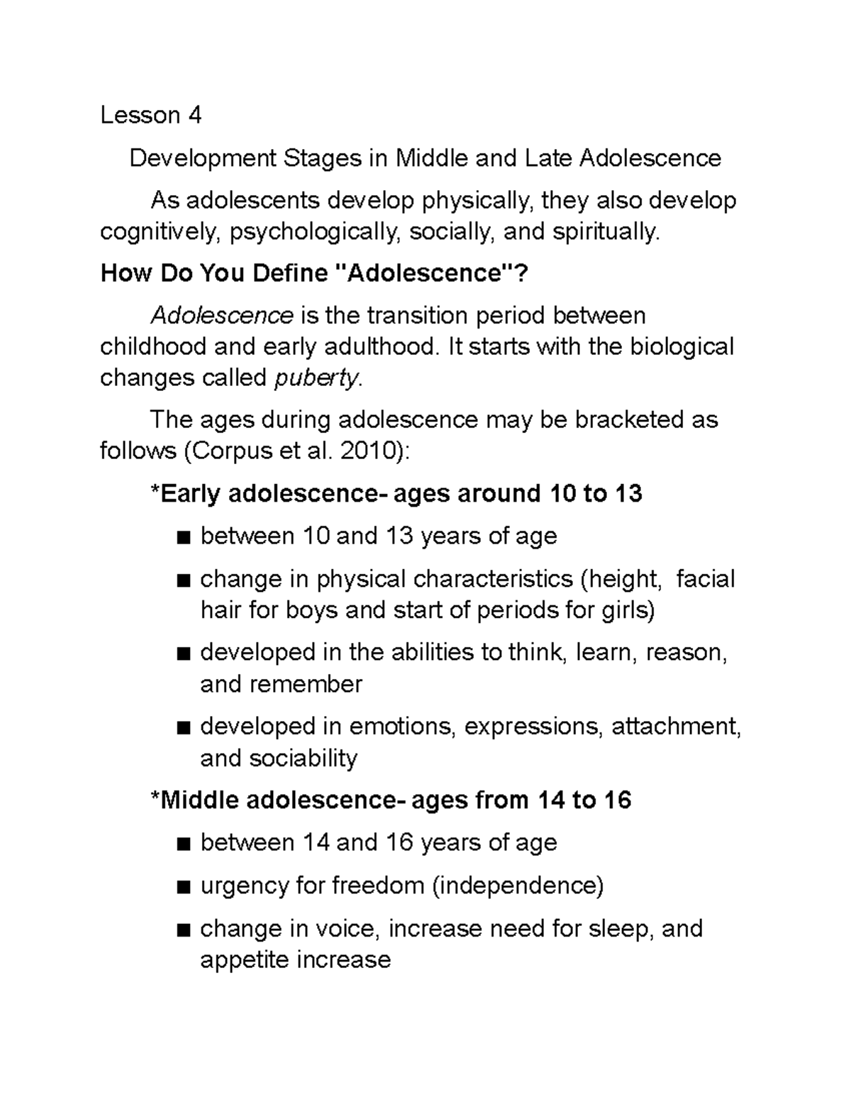 Development Stages in Middle and Late Adolescence - Lesson 4 Notes ...