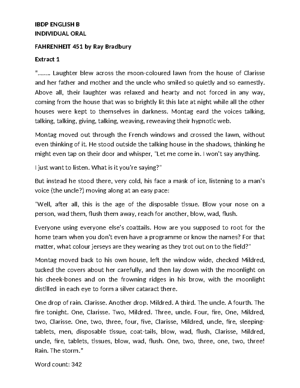 IBDP ENGLISH B INDIVIDUAL ORAL: Fahrenheit 451 Extract 1 Analysis - Studocu
