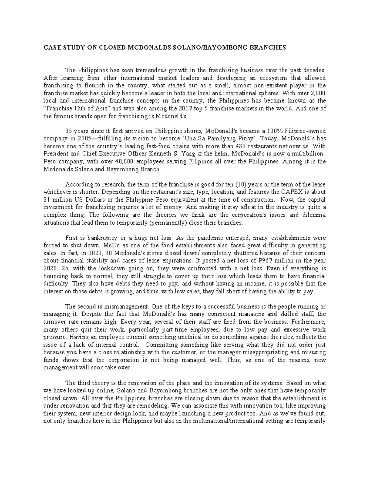 MCDO Case Study: Analyzing Closure Causes of Solano/Bayombong Branches - Studocu