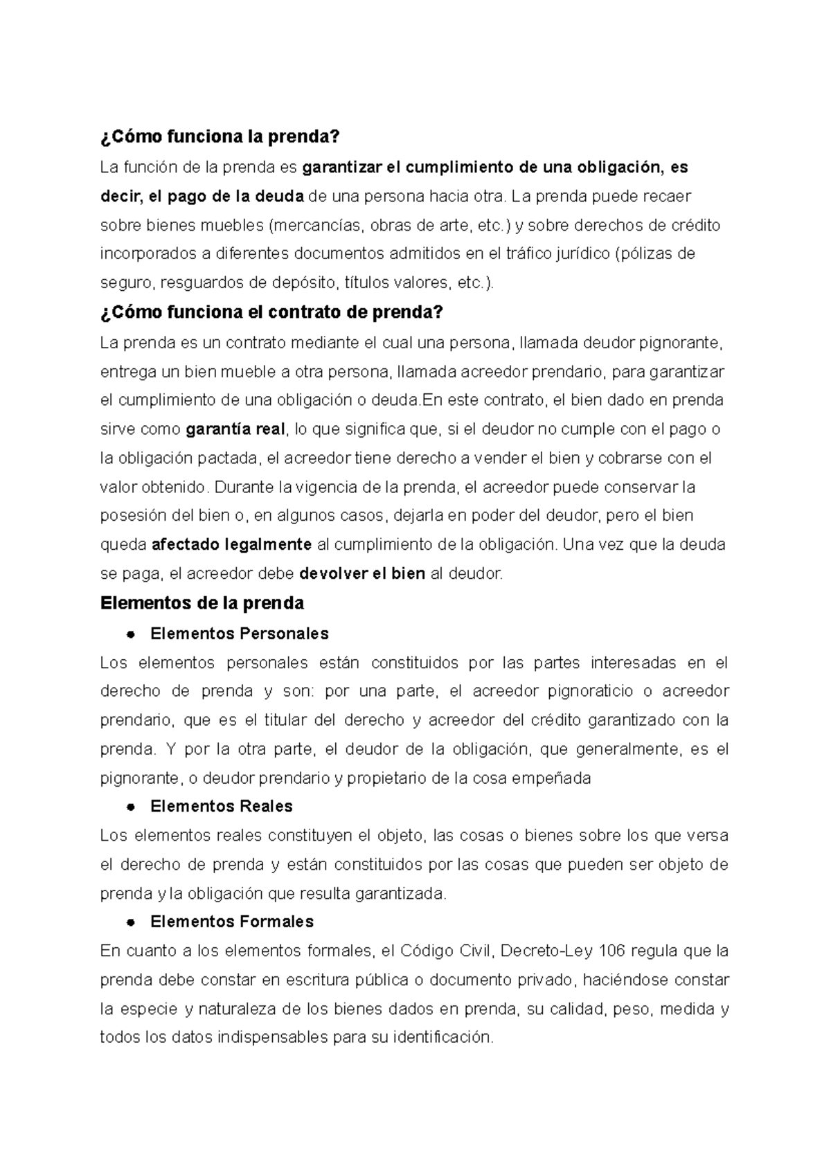 Cómo Funciona la Prenda: Elementos y Contrato de Garantía - Studocu