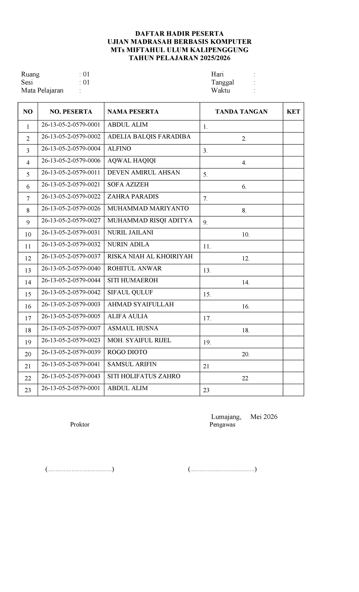 Daftar Hadir Peserta Ujian Madrasah Komputer MTs Miftahul Ulum 2026 ...