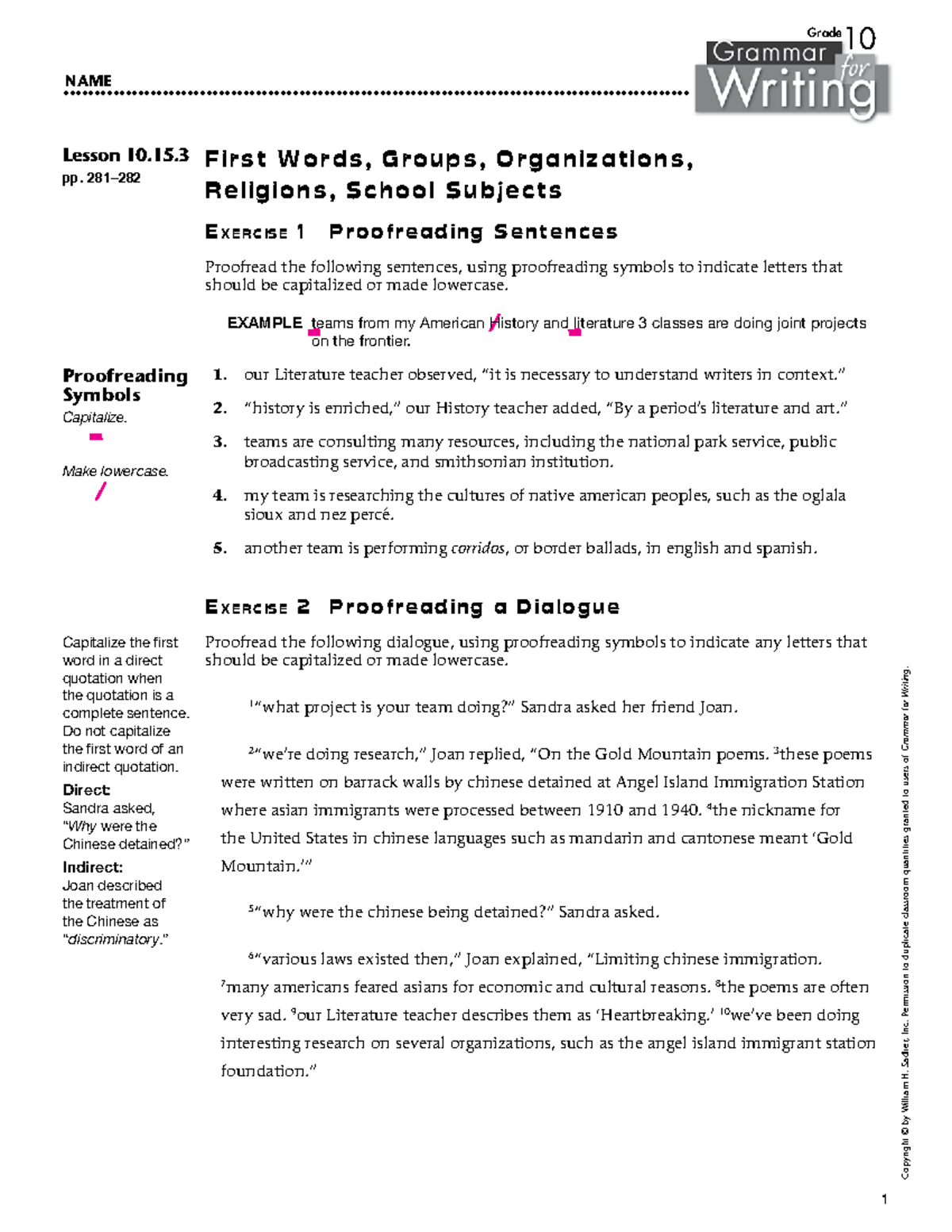 Grade 10 NAME Lesson 10.15.3: Proofreading Exercises on Literature and ...
