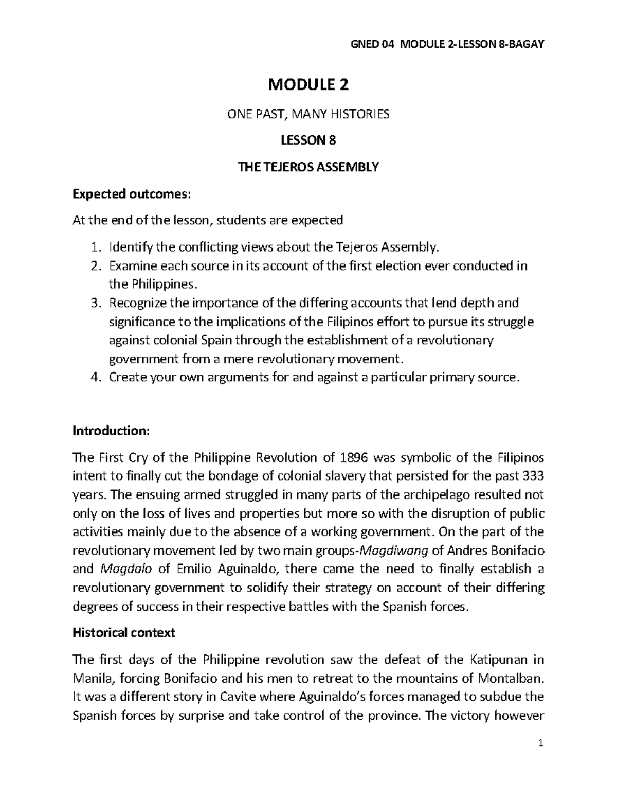 GNED 04 MODULE 2: Tejeros Assembly - Conflicting Histories and ...