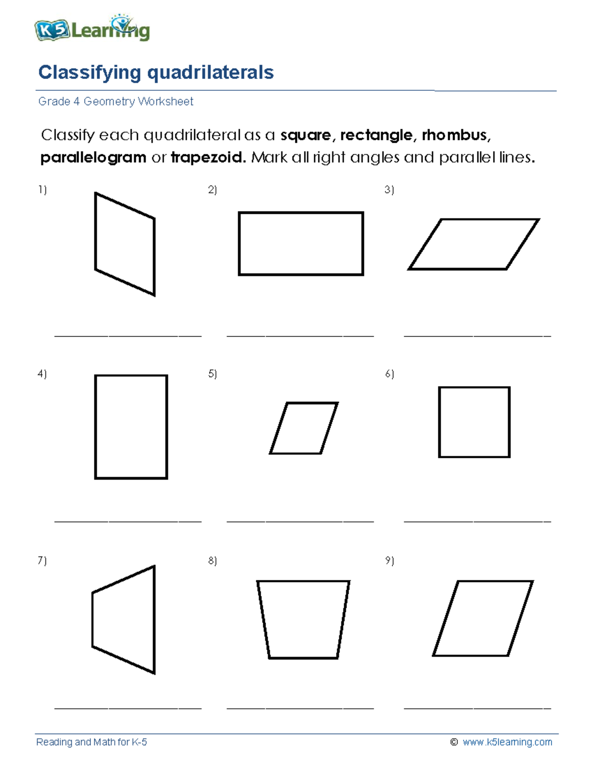 Grade 4 geometry classifying quadrilaterals b - Math Class 5 - Reading ...