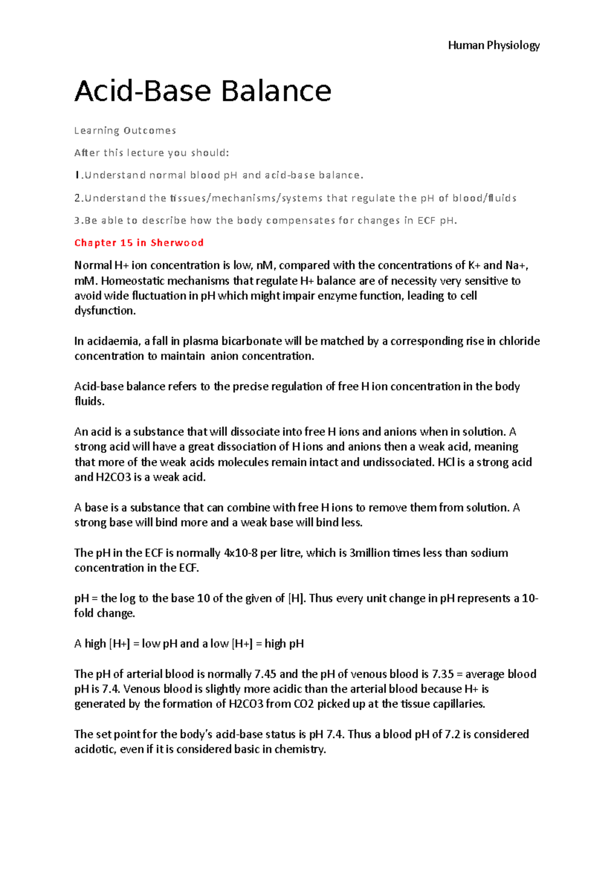 Acid-Base Balance in Human Physiology: Full Lecture Notes (HUM 101 ...