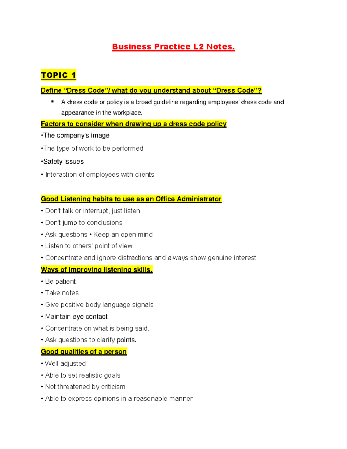 NCV Business Practice Level 2: Essential Notes for Success - Studocu