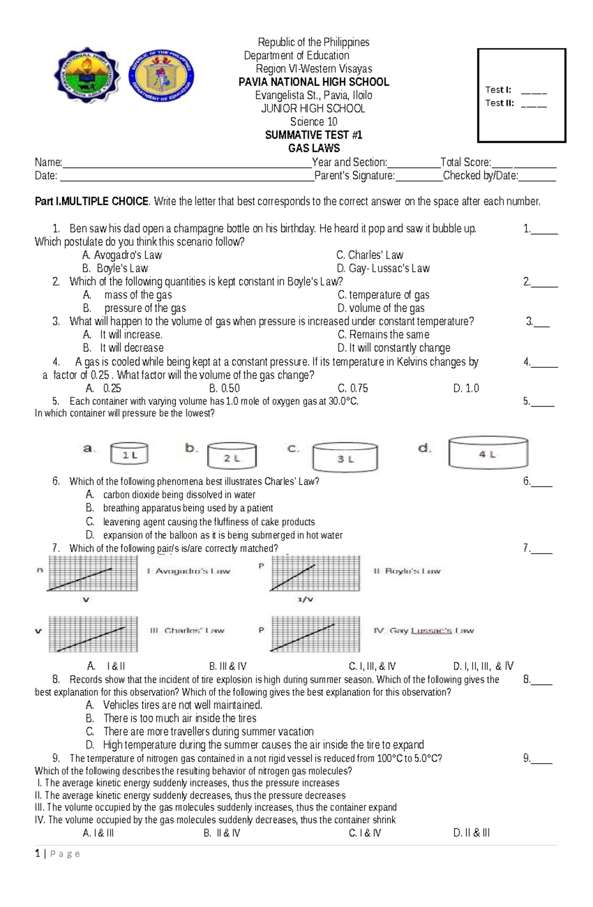 Science 10 JHS GAS LAWS Summative Test Questions - Studocu