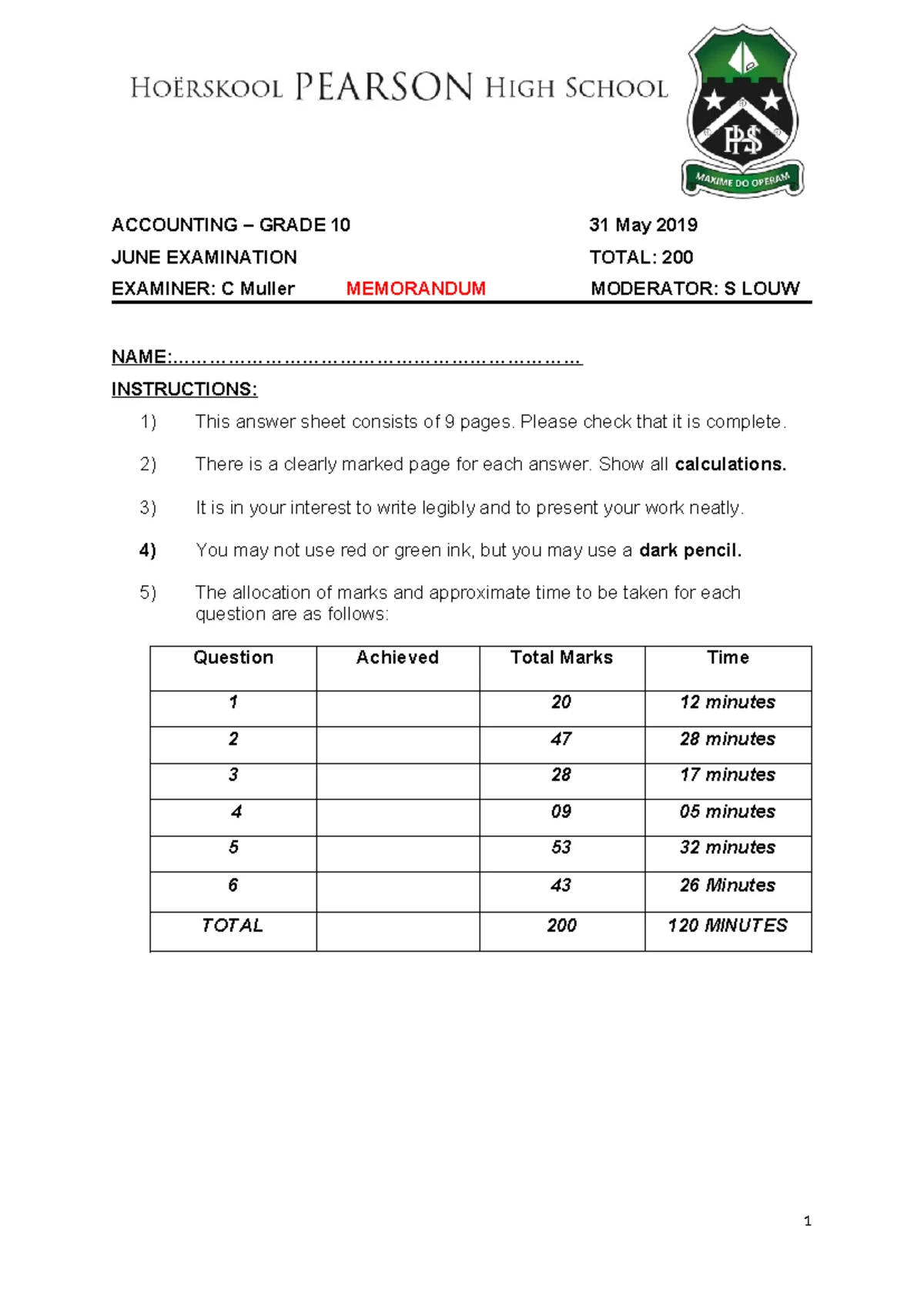 Gr 10 Accounting June 2019 Exam Paper: Total Marks 200 - Studocu