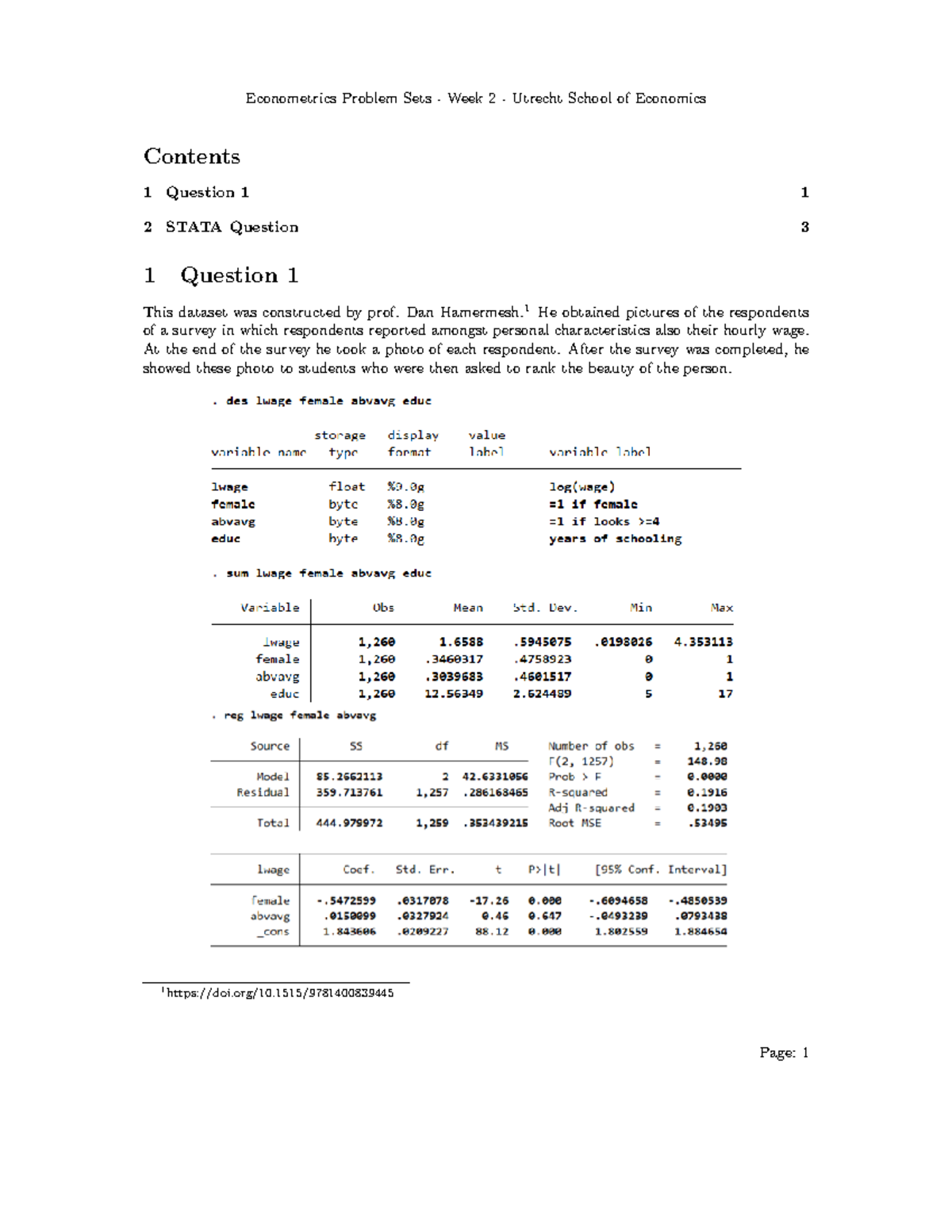 Econometrics Problem Set - Week 2 - Utrecht School of Economics ...