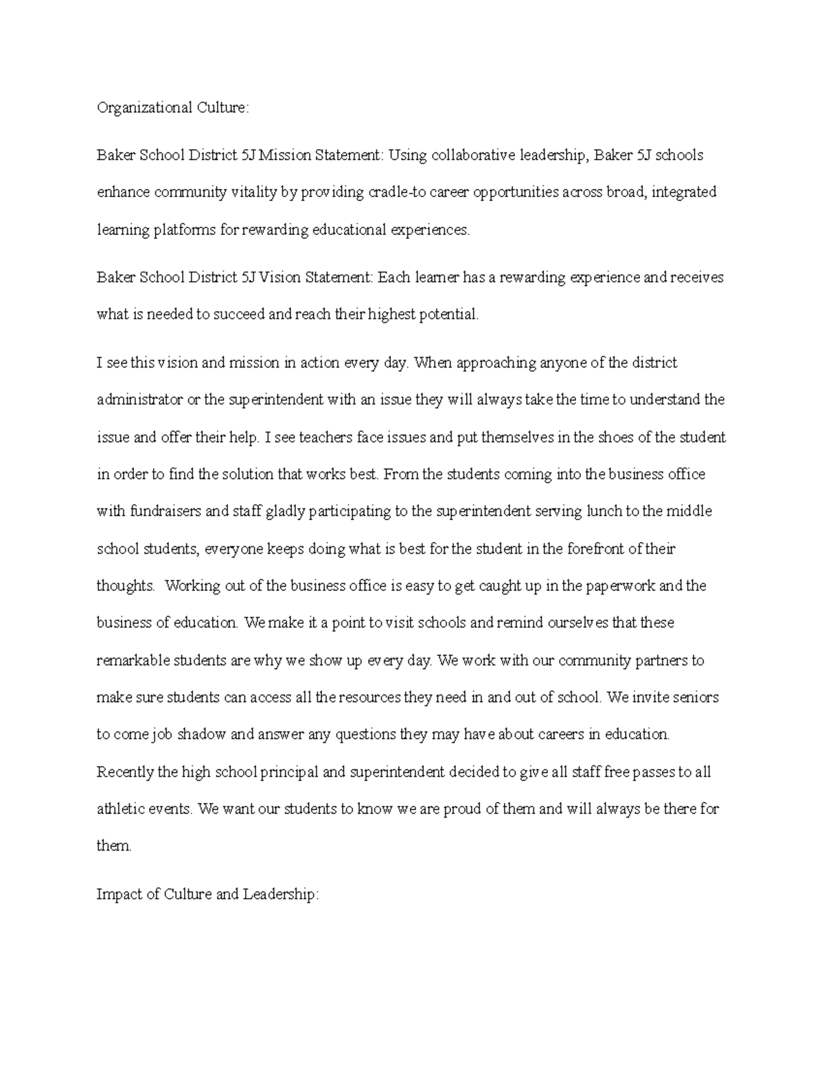 Organizational Culture Insights: Baker School District 5J Mission ...