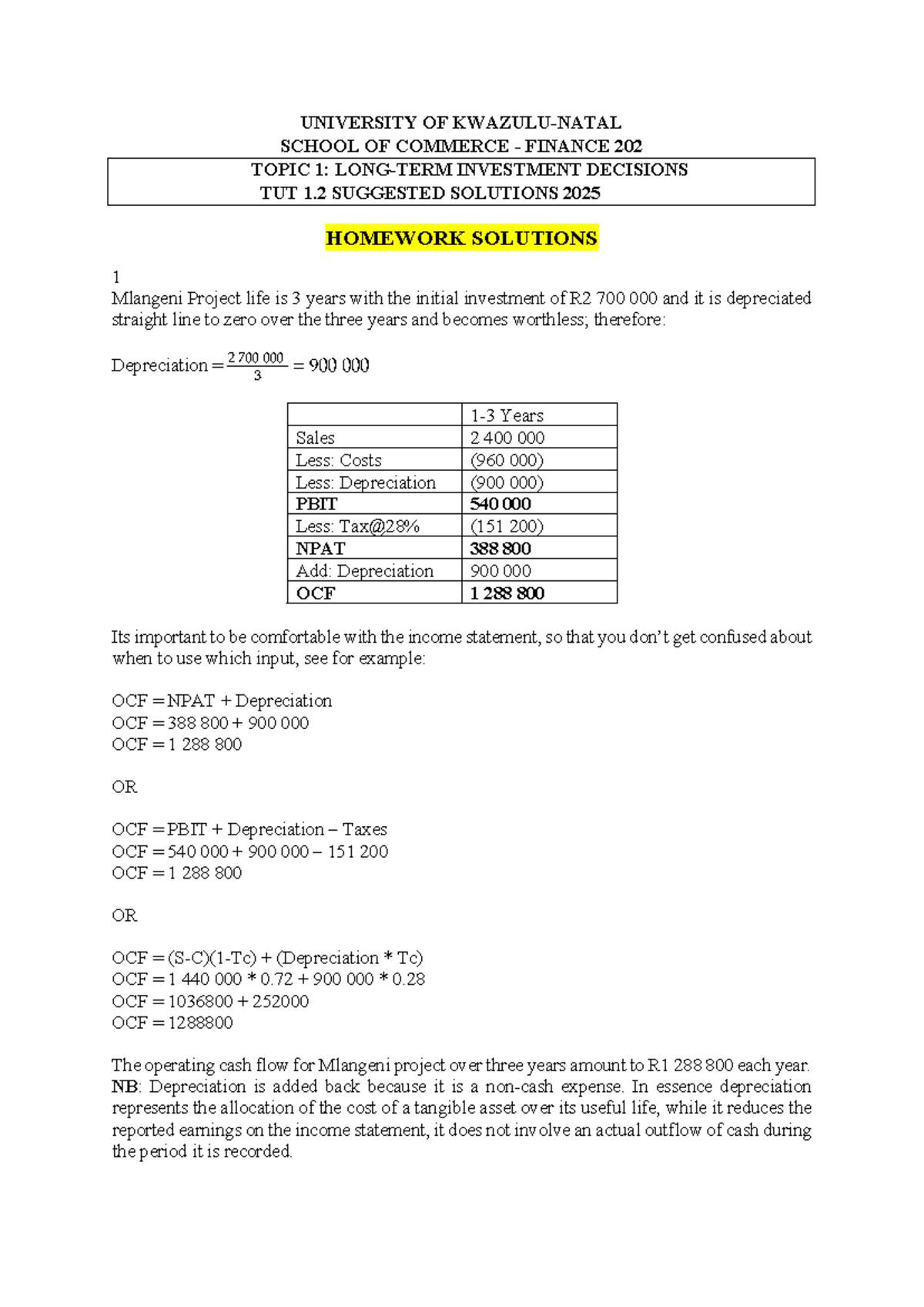 FINA202 Tut 1.2 Suggested Solutions for Investment Decisions 2025 - Studocu