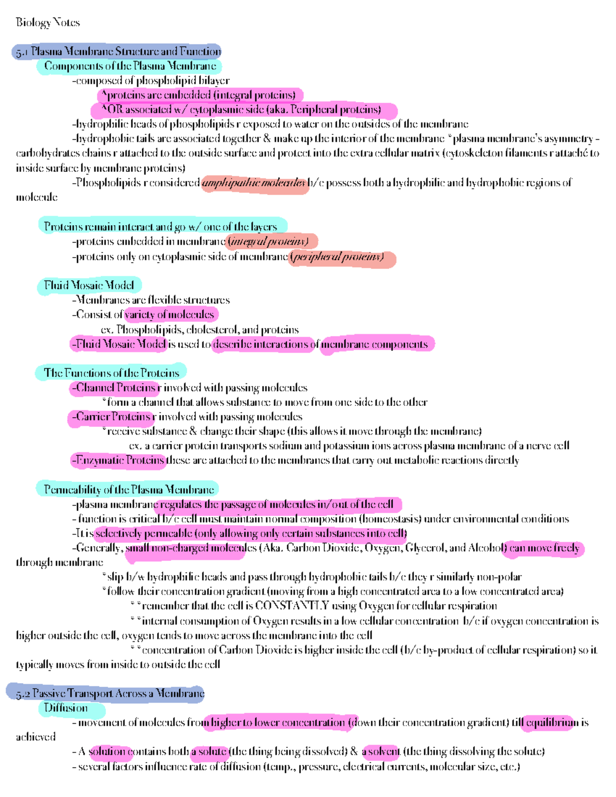 Chapter 5 Biology Notes: Plasma Membrane Structure & Function - Studocu