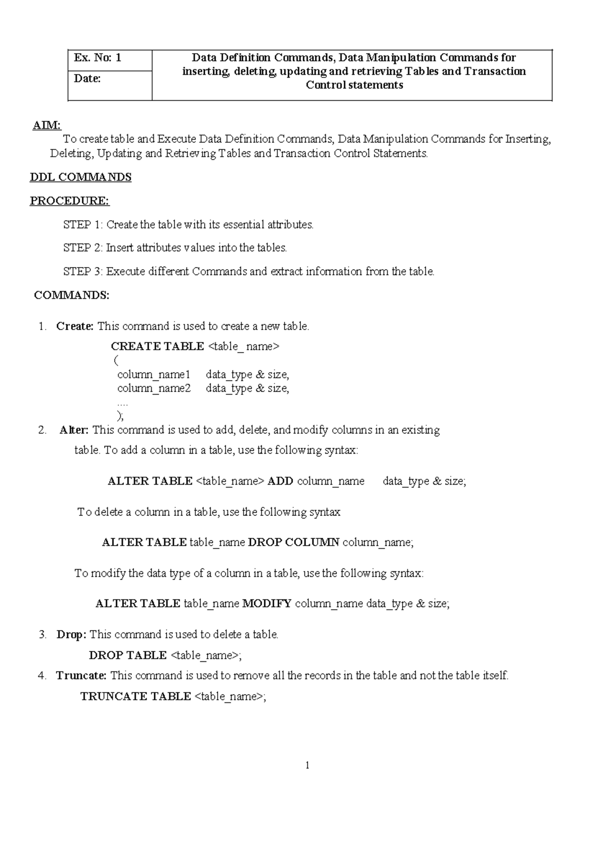 DBMS 101: Data Definition & Manipulation Commands Guide - Studocu