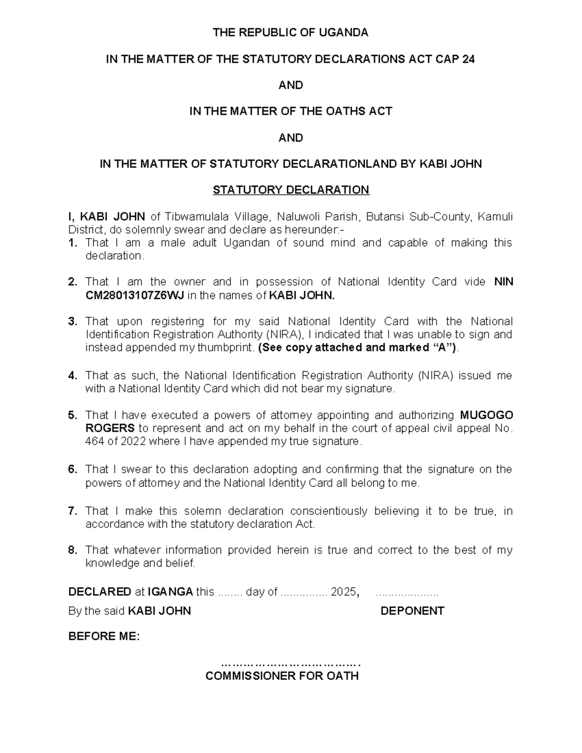 Statutory Declaration of Kabi John - SD-KABI - Studocu