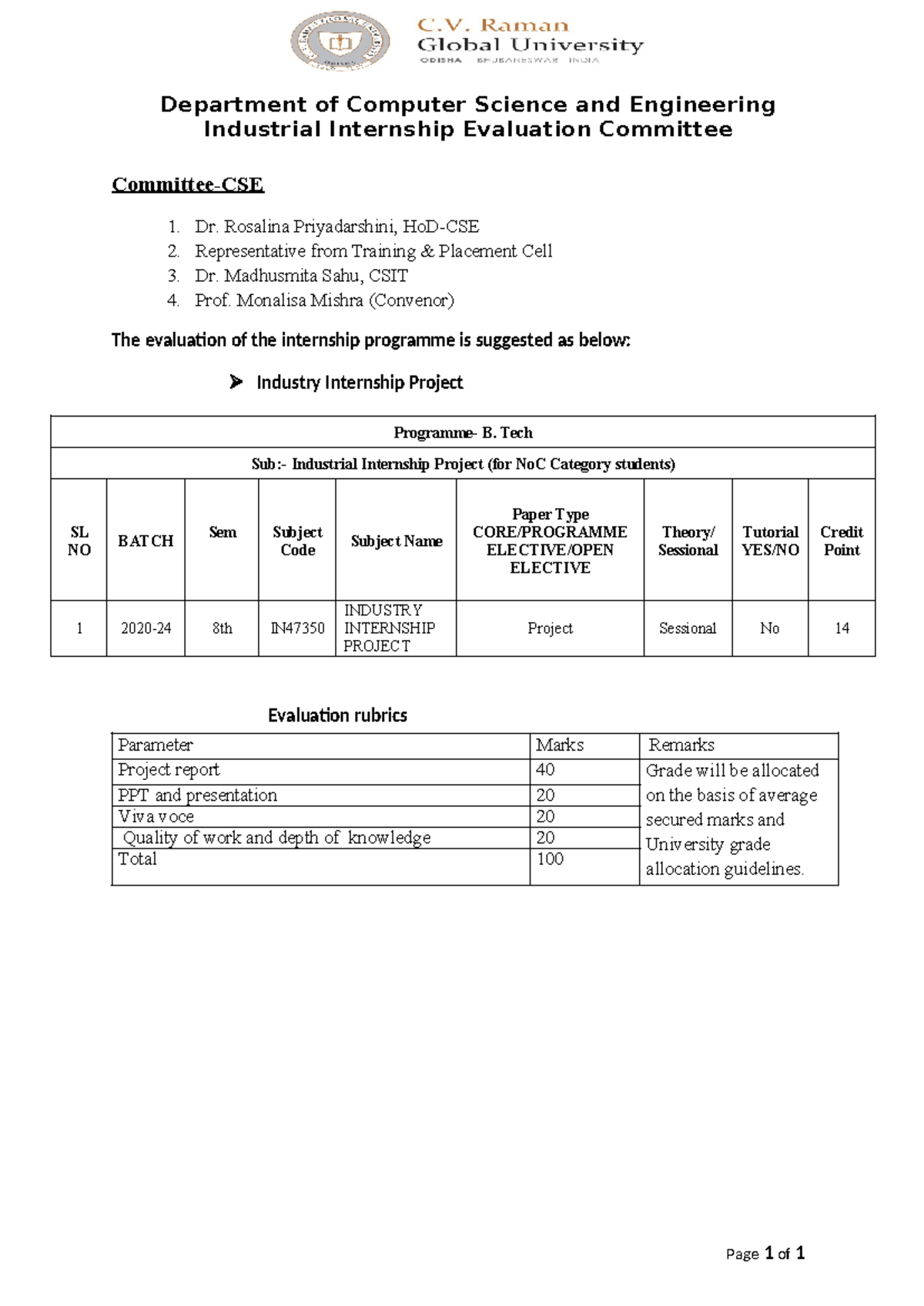 Rubrics Industry Internship Evaluation-2024 - Department of Computer Science and Engineering ...