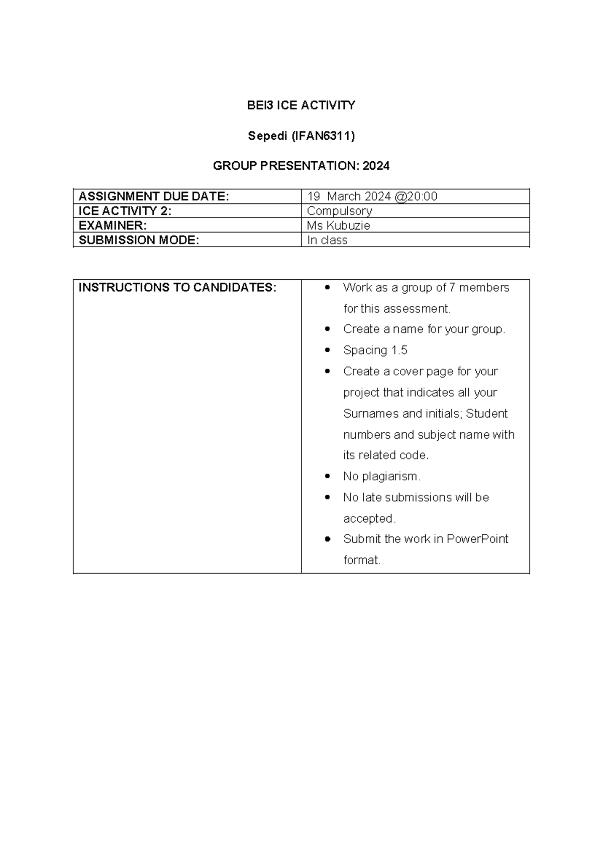Sepedi Presentation IFAN6311 2025 - BEI3 ICE ACTIVITY Sepedi (IFAN6311 ...