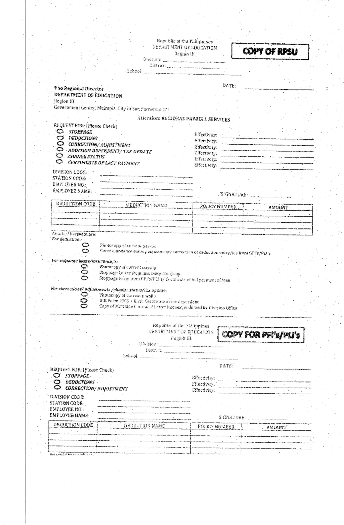 Stoppage and Deduction Form - l{epublic of rhe phiiippines D i:PAt?'t t ...