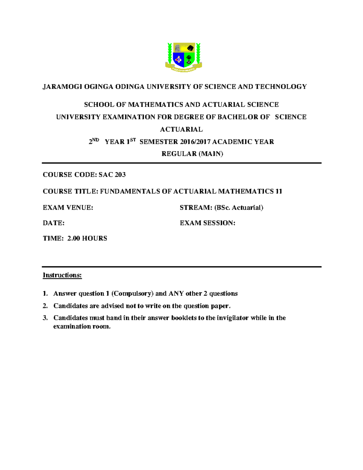 SAC 203 Final Exam: Fundamentals of Actuarial Mathematics Insights ...
