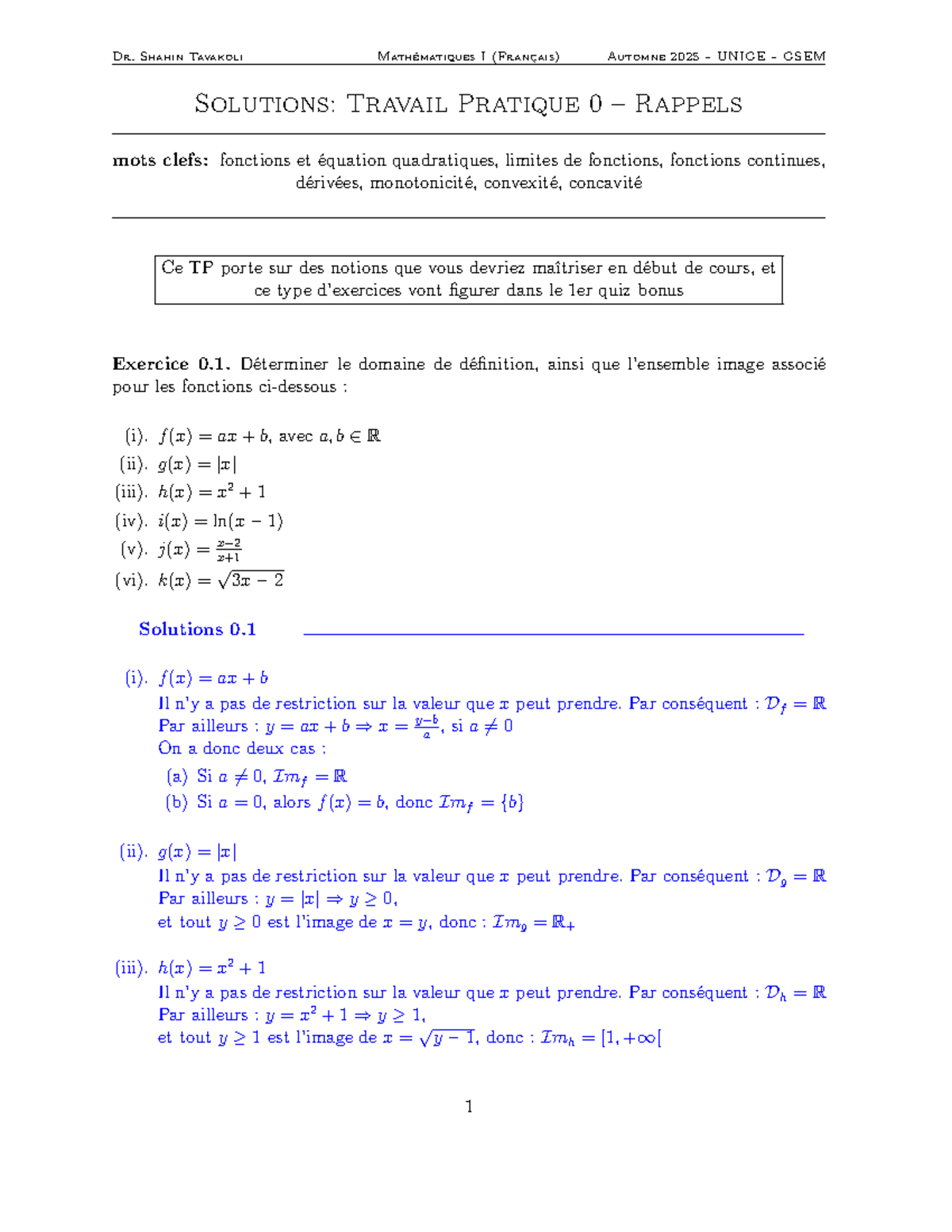 Mathématiques I (Français) TP0: Solutions et Rappels - Automne 2025 ...