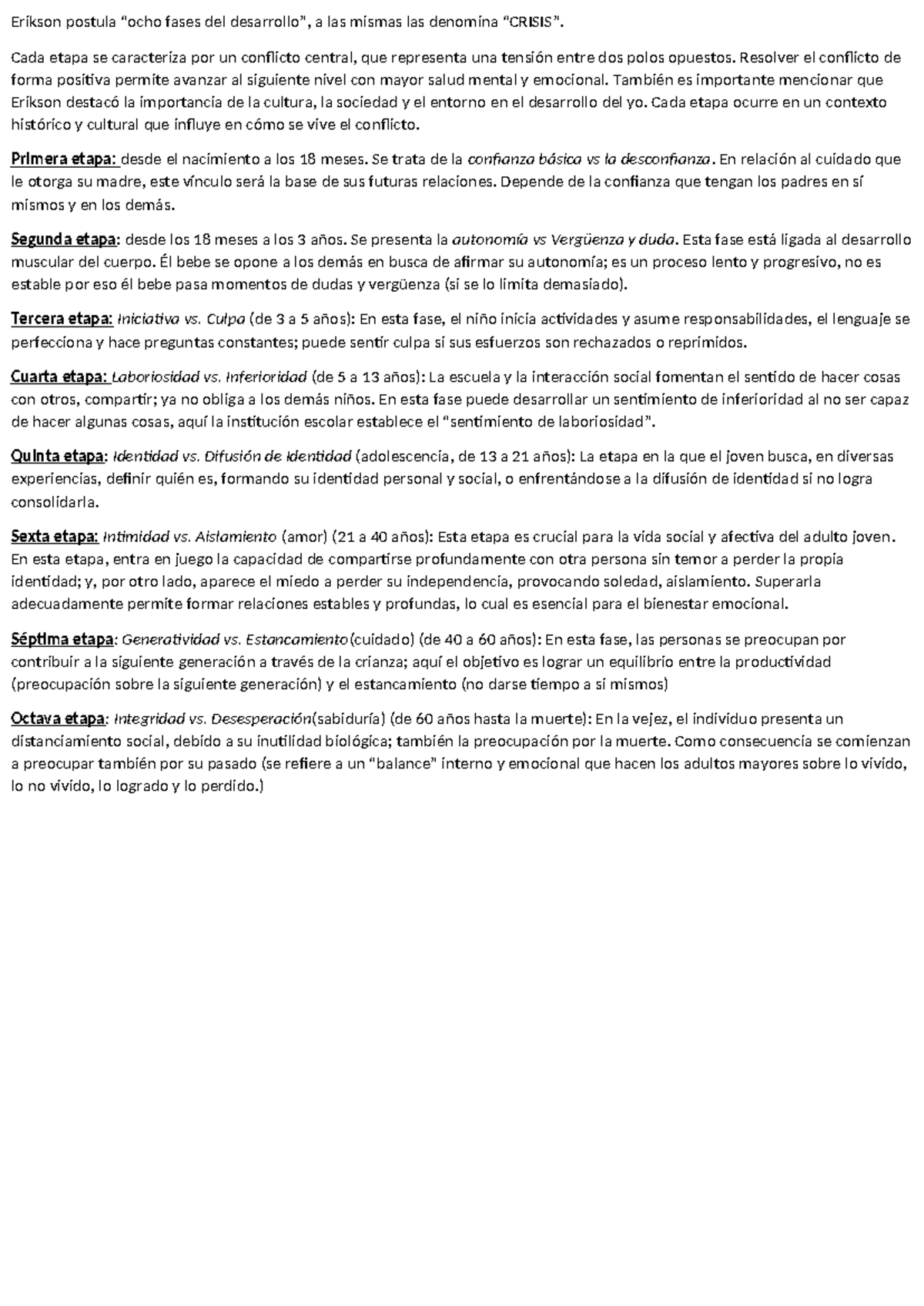 Erikson: Fases del Desarrollo Psicosocial y Conflictos Clave - Studocu