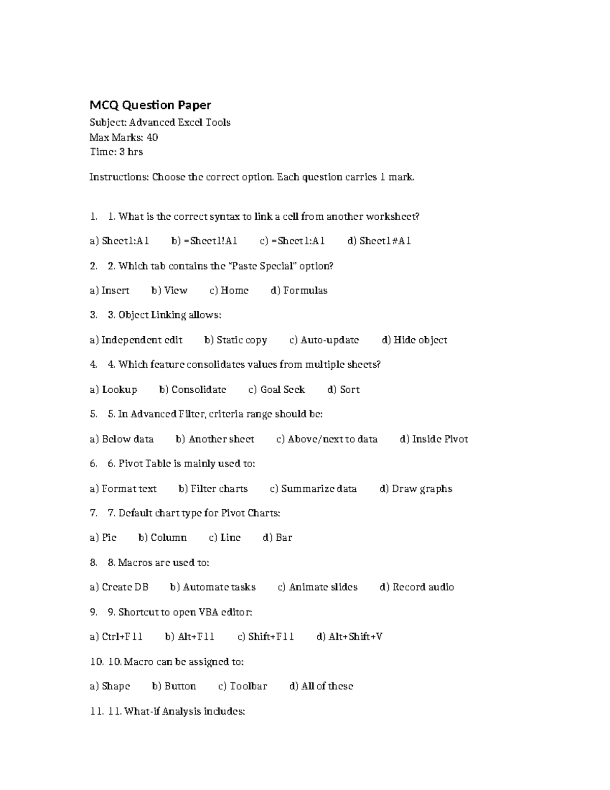 MCQ Question Paper: Advanced Excel Tools (2023-24) - Max Marks: 40 ...