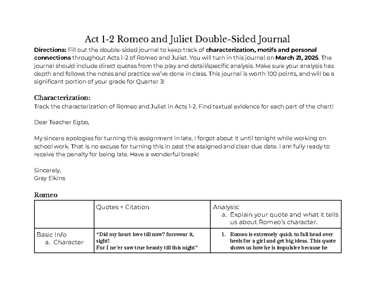 Copy of Romeo and Juliet Double-Sided Journal - Act 1-2 Romeo and ...